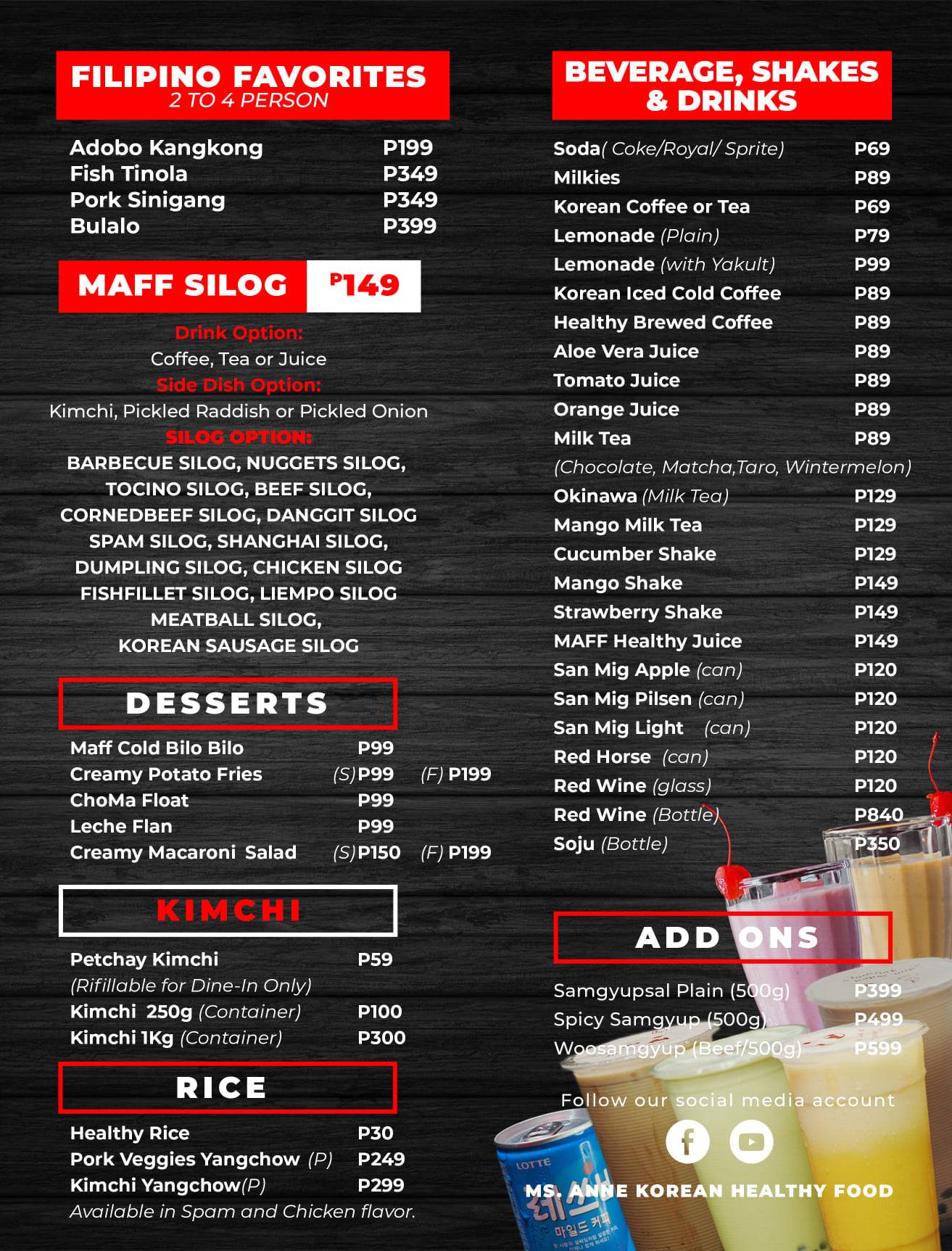 Menu at Ms.Anne Healthy Korean-Filipino Fast Food or MAFF Restaurant ...