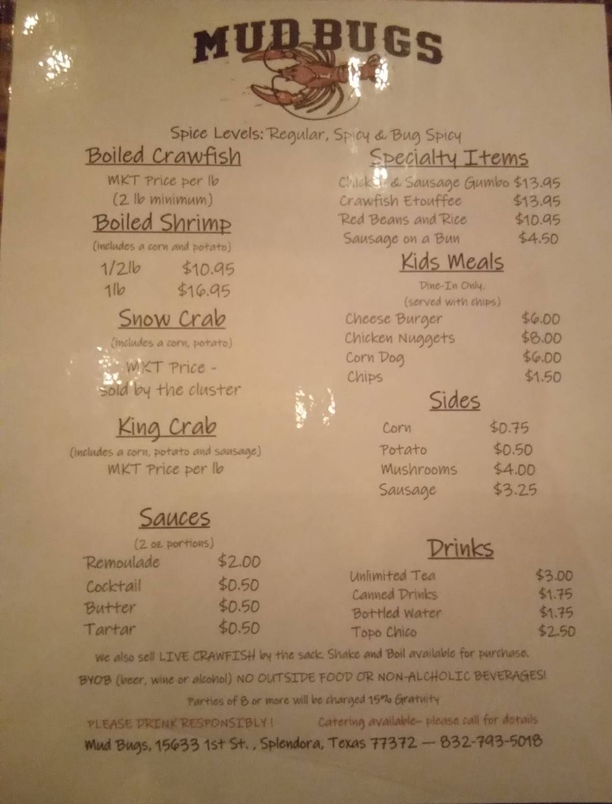 Menu at Mud Bugs restaurant, Splendora, 1st St