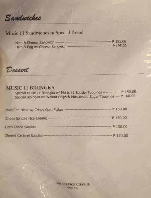 Menu at Music 11 Plaza restaurant, Makati