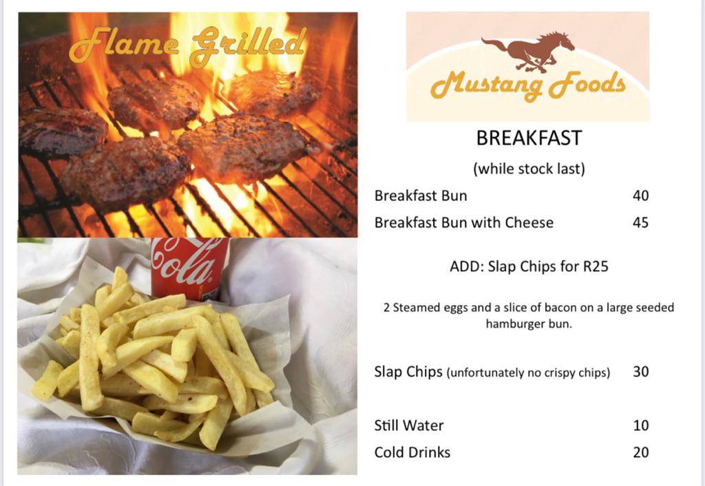 Menu au Mustang Foods restaurant, Afrique du Sud