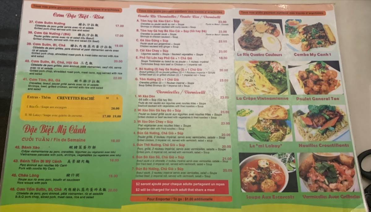 Menu at Mỹ Cảnh restaurant, Montréal