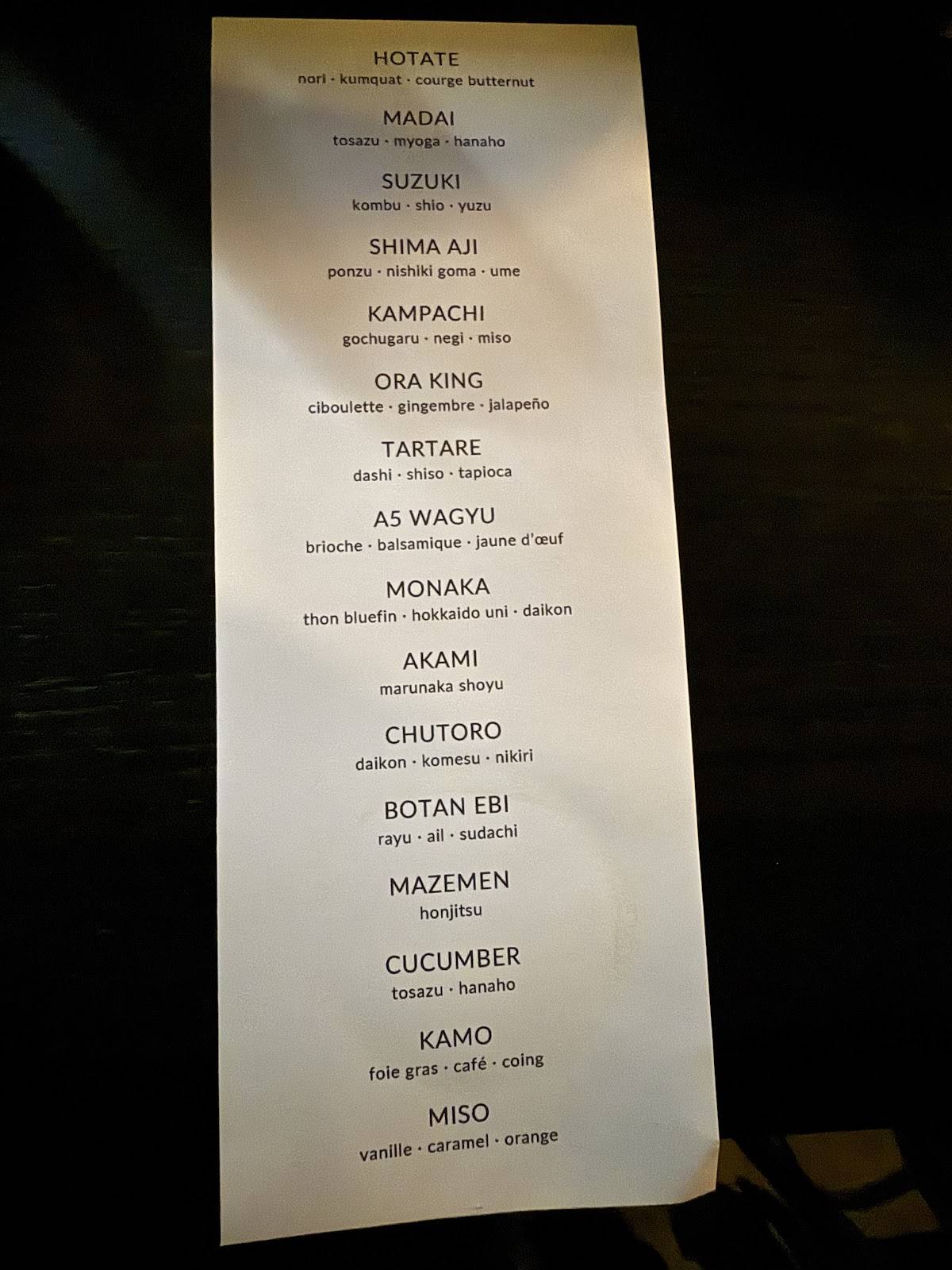 Menu au Nama Omakase restaurant, Montréal