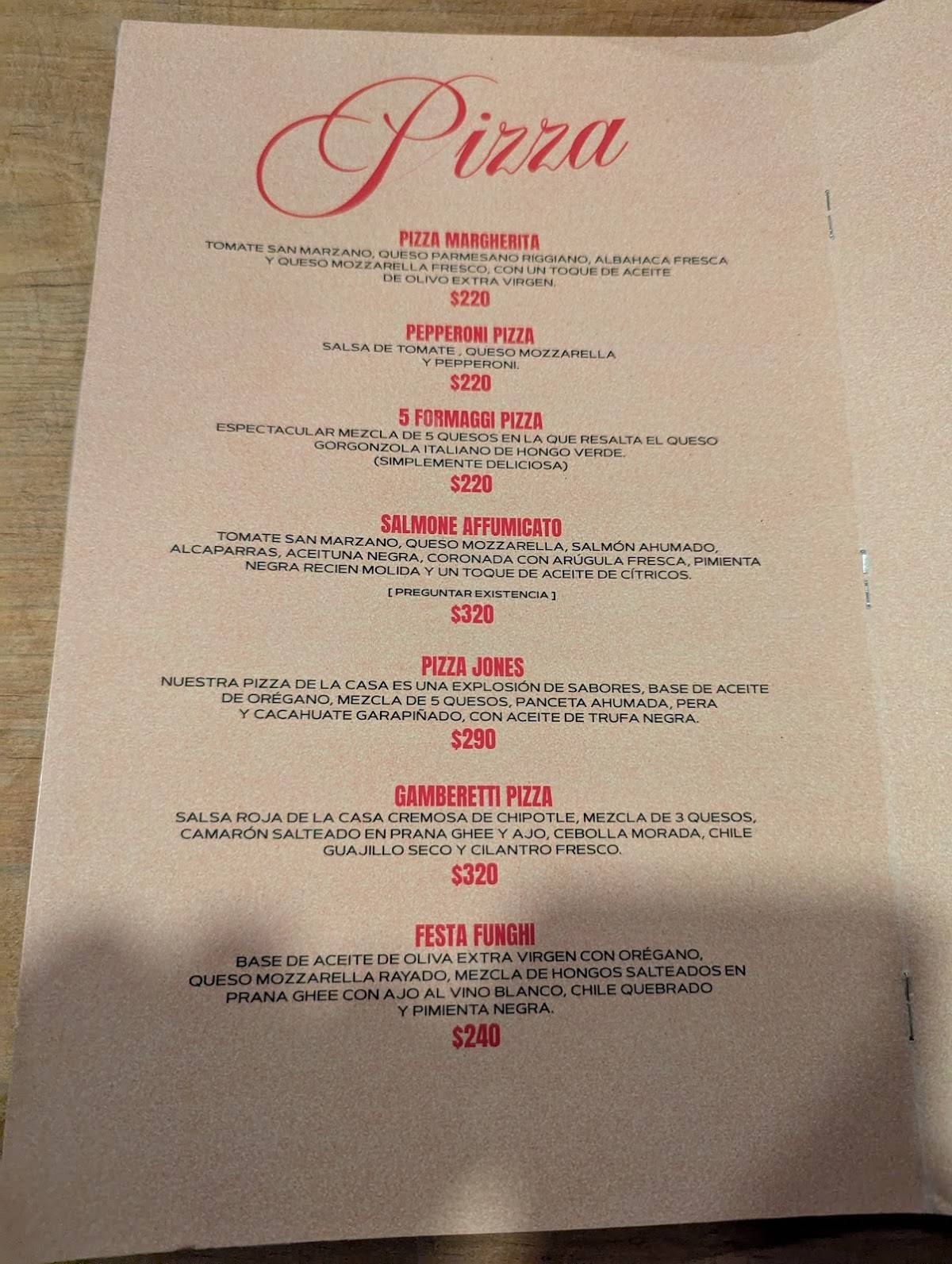 Menu at Napoli Jones restaurant, Guadalajara, C. José María Morelos 1229