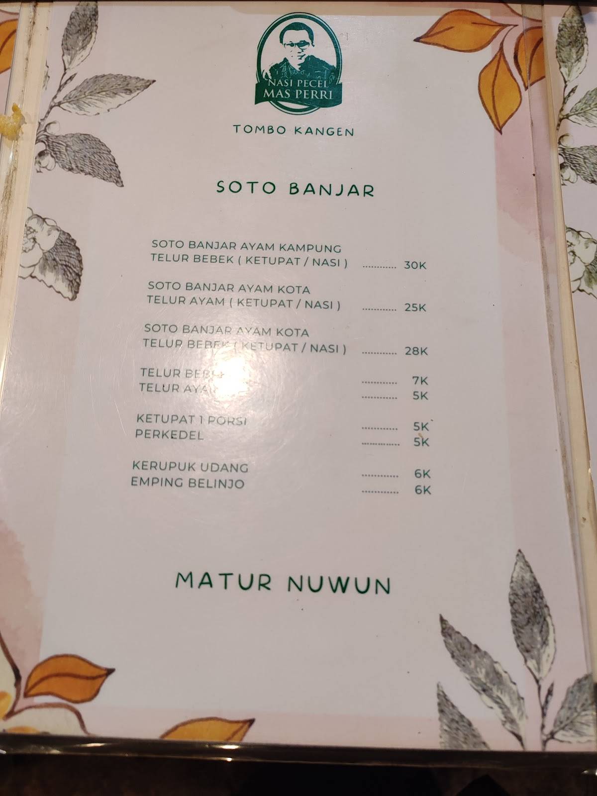 Menu at Nasi pecel mas perri restaurant, Balikpapan