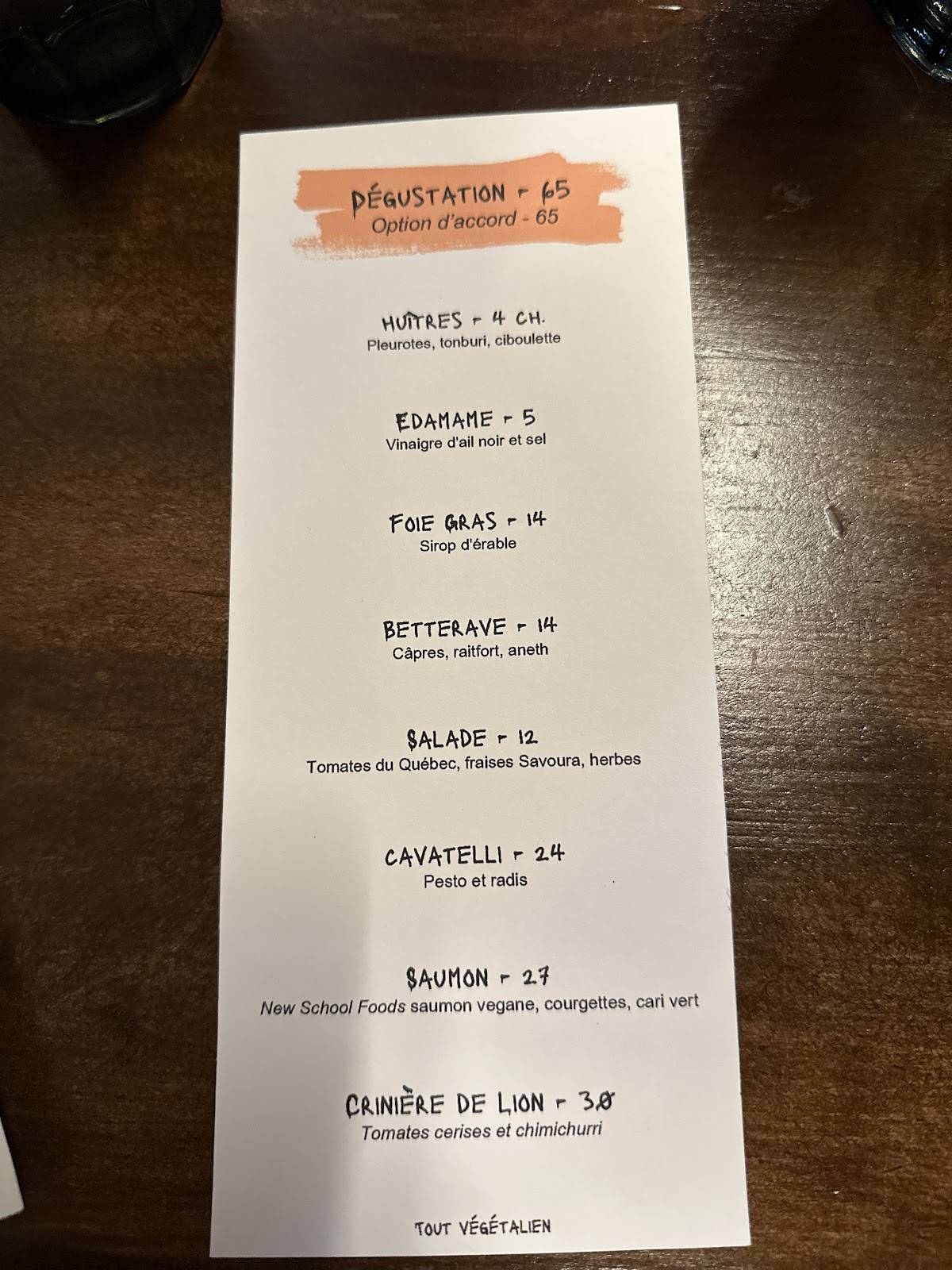 Menu at Natsu restaurant, Montréal