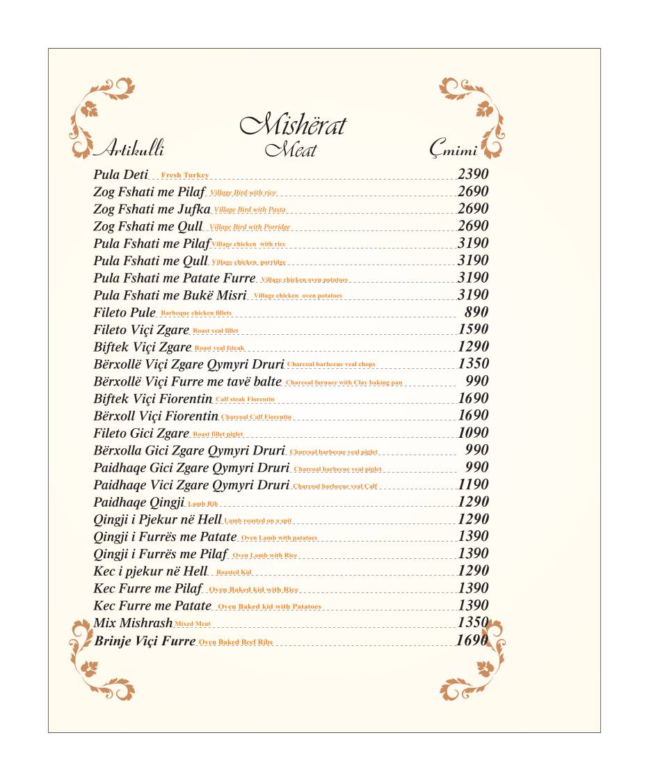 Menu at Natyra e Qetë restaurant, Lundër 1
