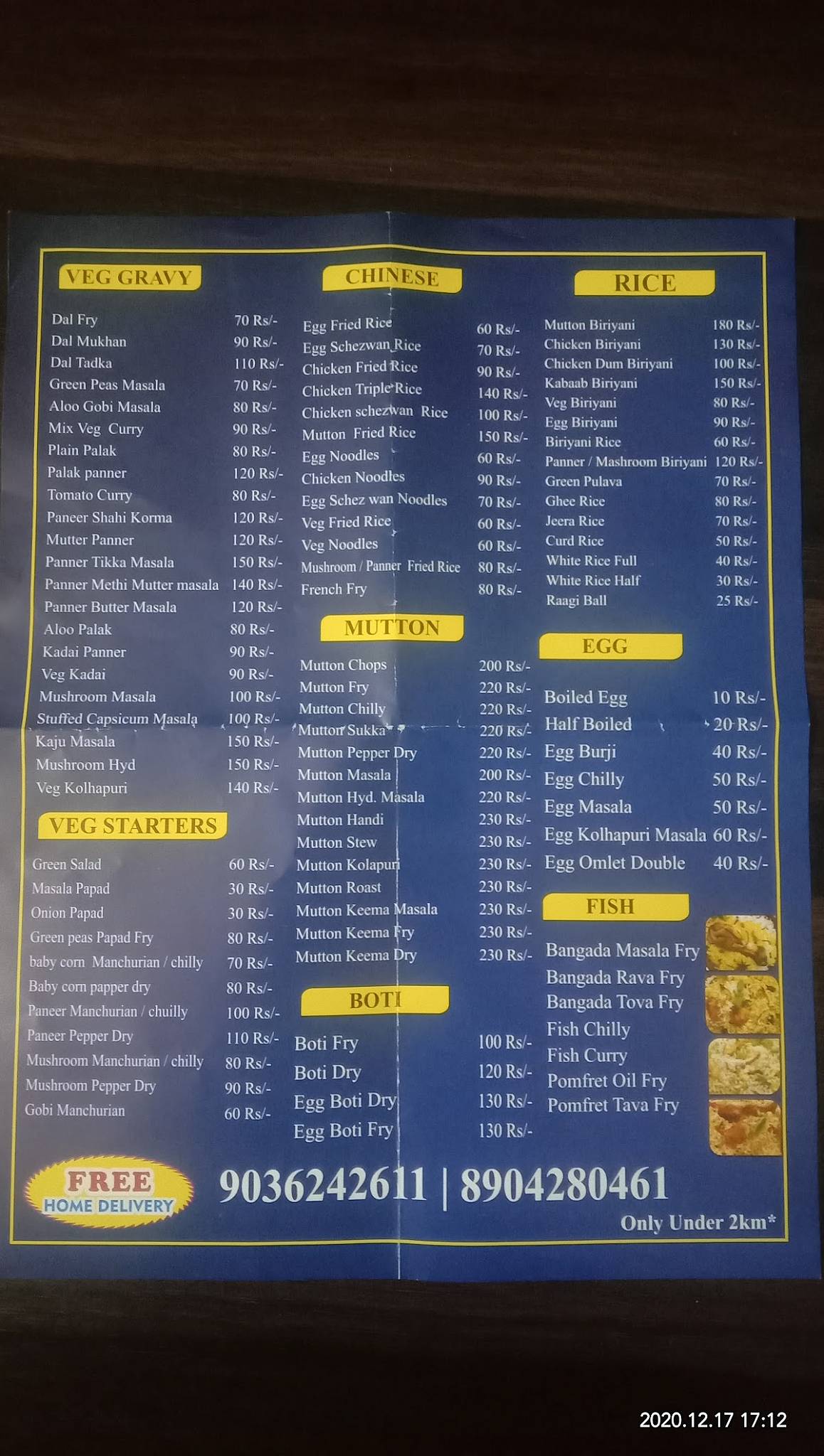 Menu at Nidhi Grand, Bengaluru
