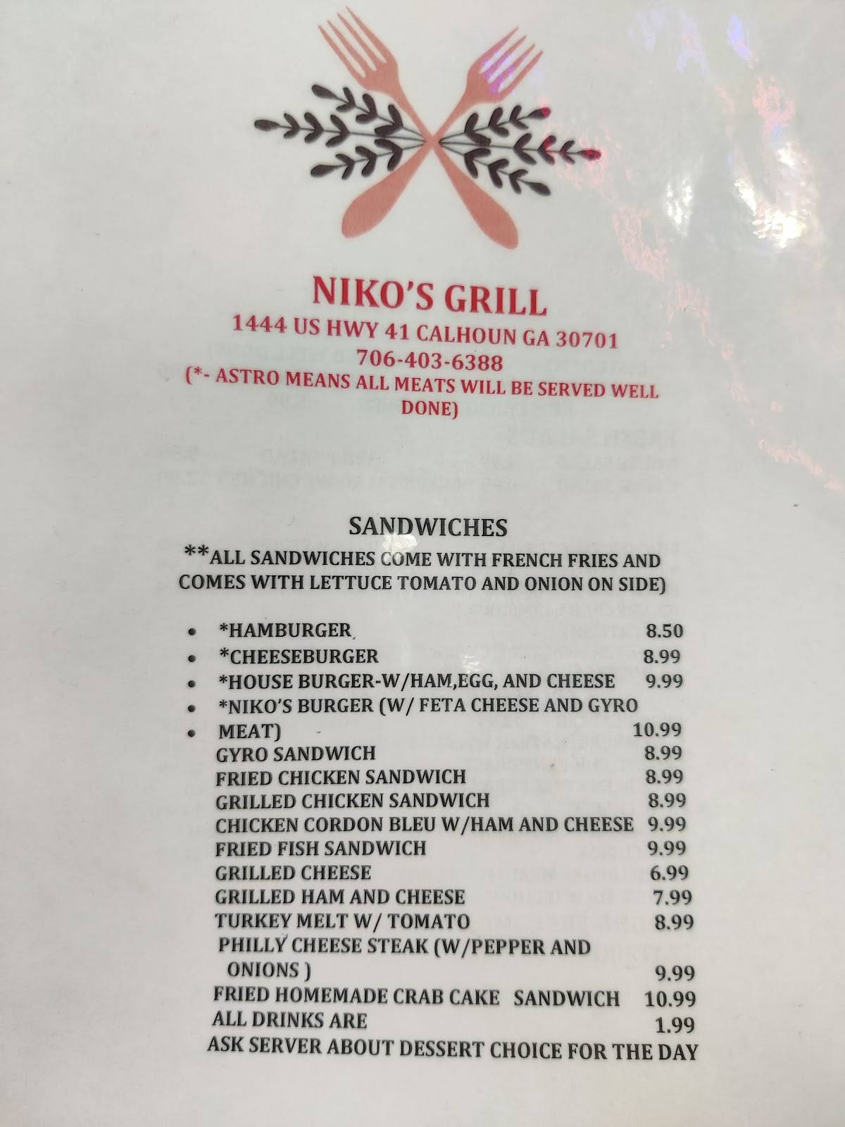 Menu at Niko's Grill restaurant, Calhoun