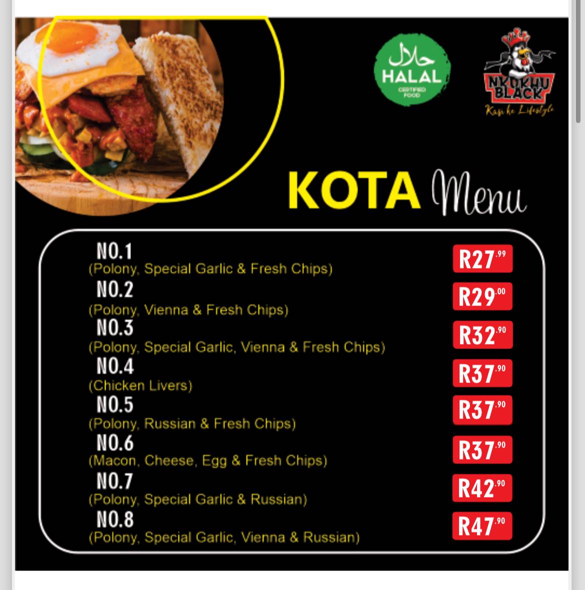 Menu at Nkukhu Black Benoni restaurant, Benoni