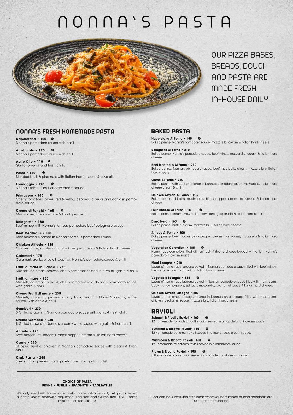 Menu at Nonna's Italian Kitchen Florida restaurant, Durban