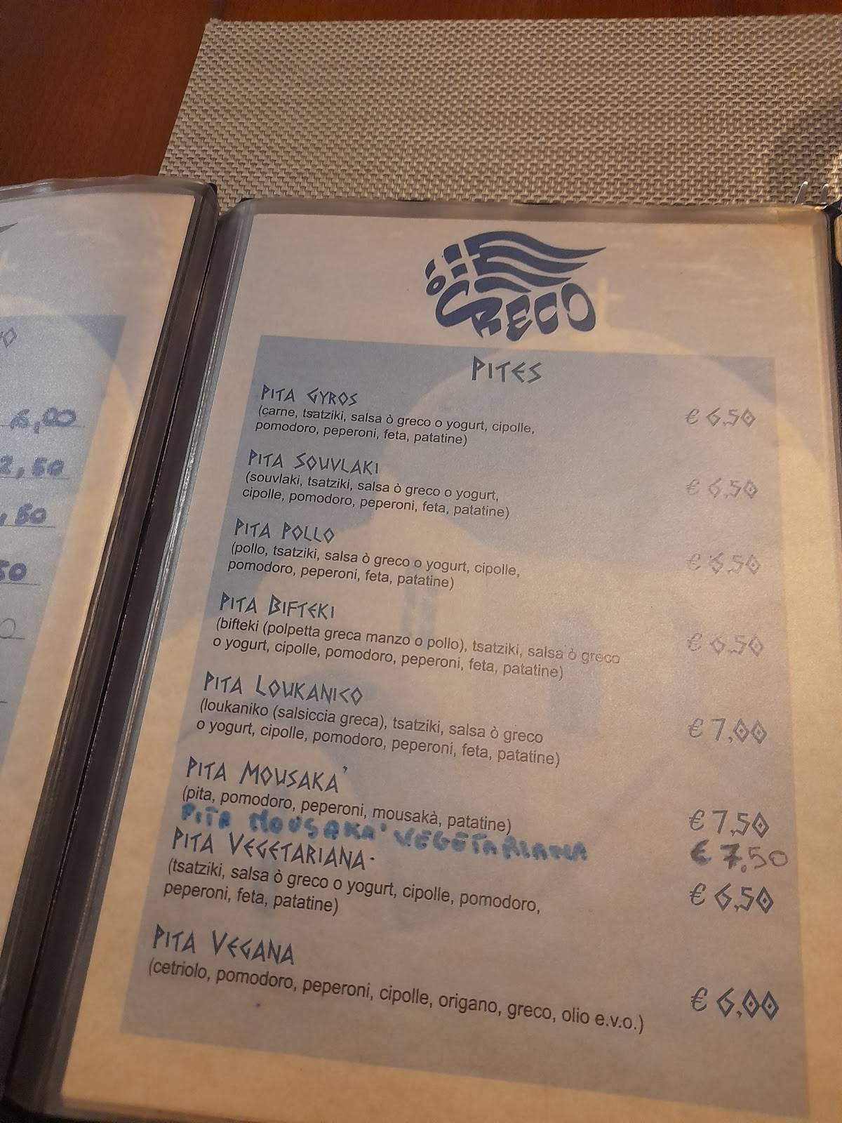 Carta del restaurante O' Greco, Napoles, Via Nicolò Tommaseo