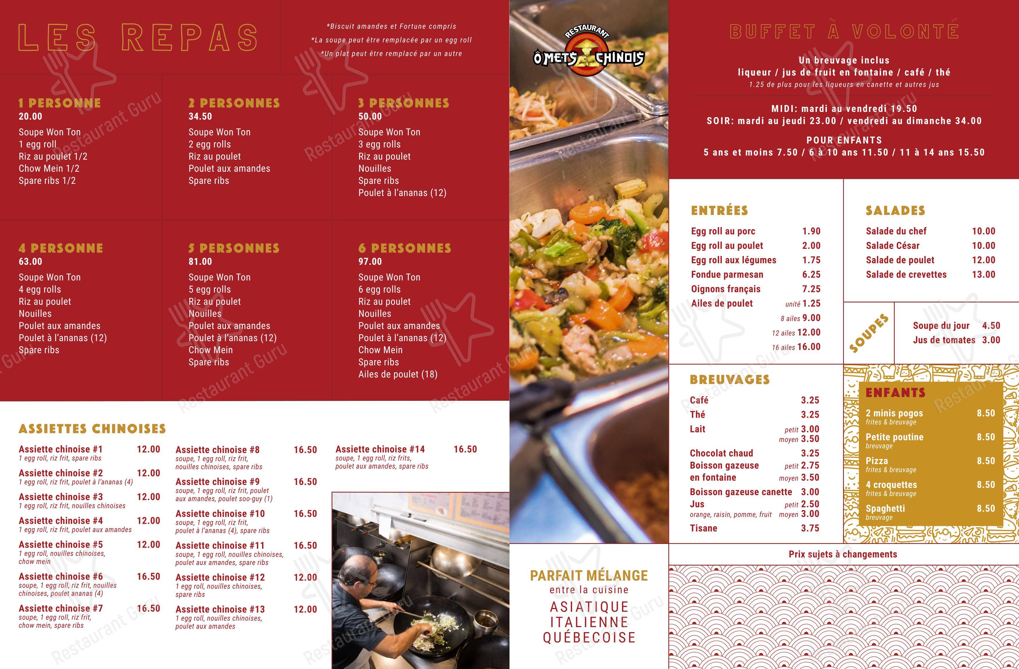 Menu au Ô Mets Chinois restaurant, Saint-Félicien