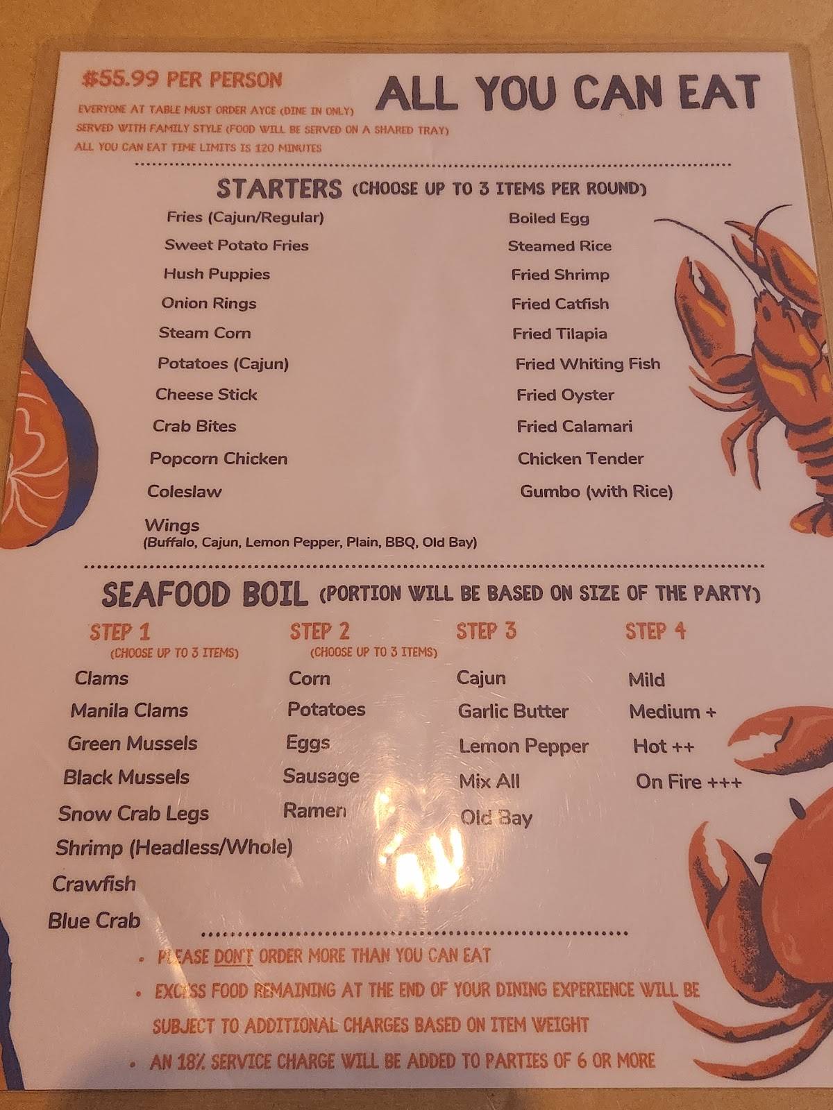 Menu at Ocean Crab restaurant, Chantilly