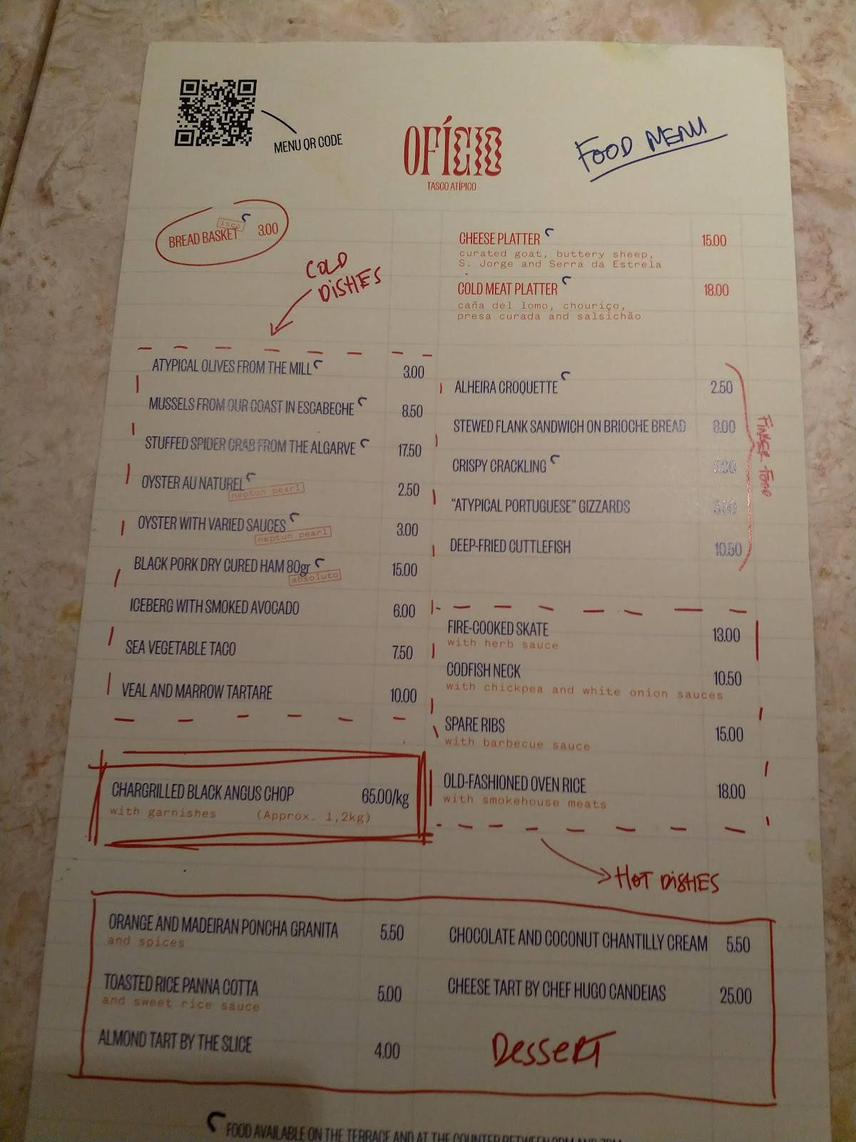 Menu at Ofício restaurant, Lisbon, R. Nova da Trindade 11k