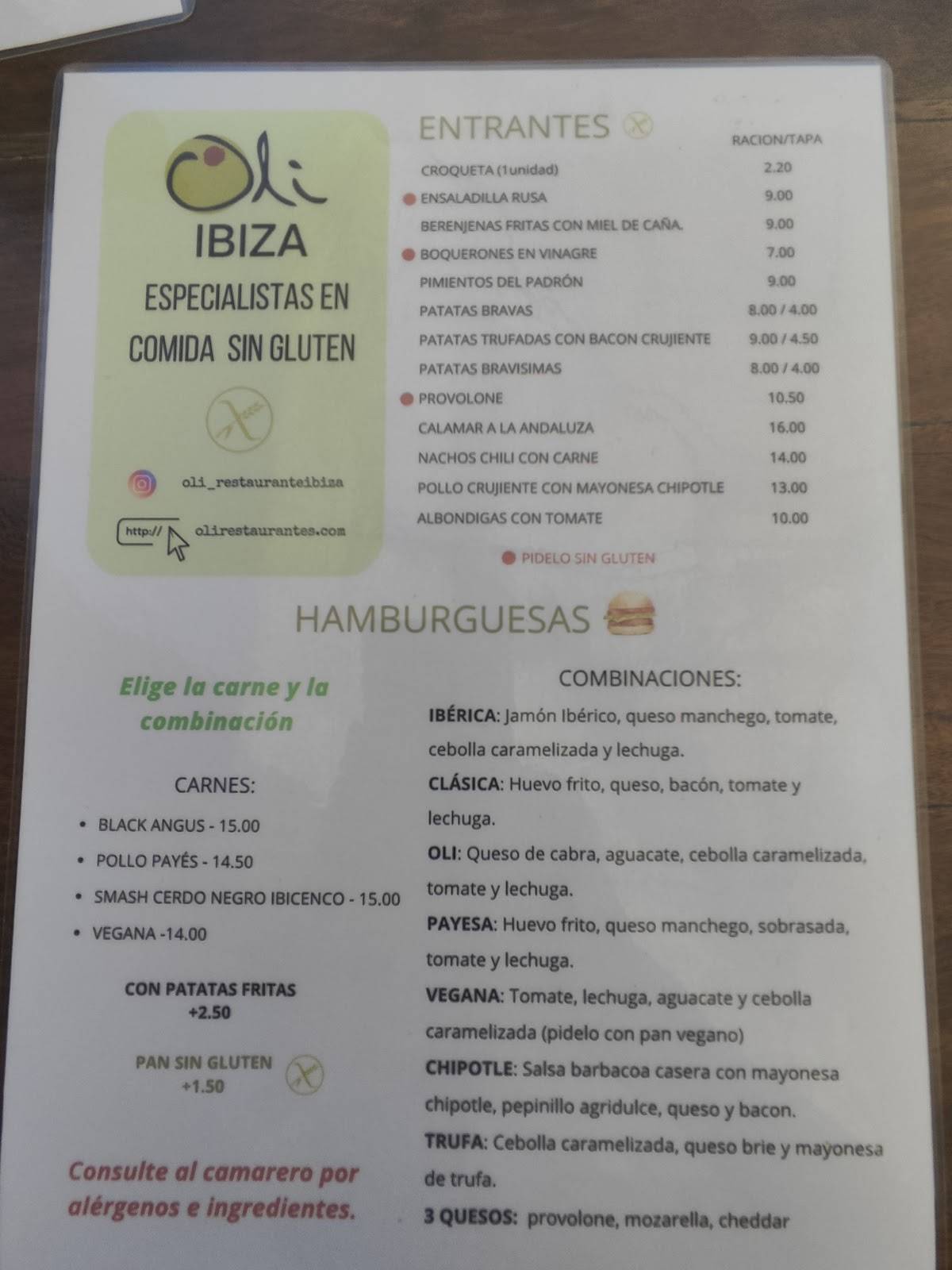 Carta de Oli Beach Restaurant, Ibiza, Passeig ses Pitiüses