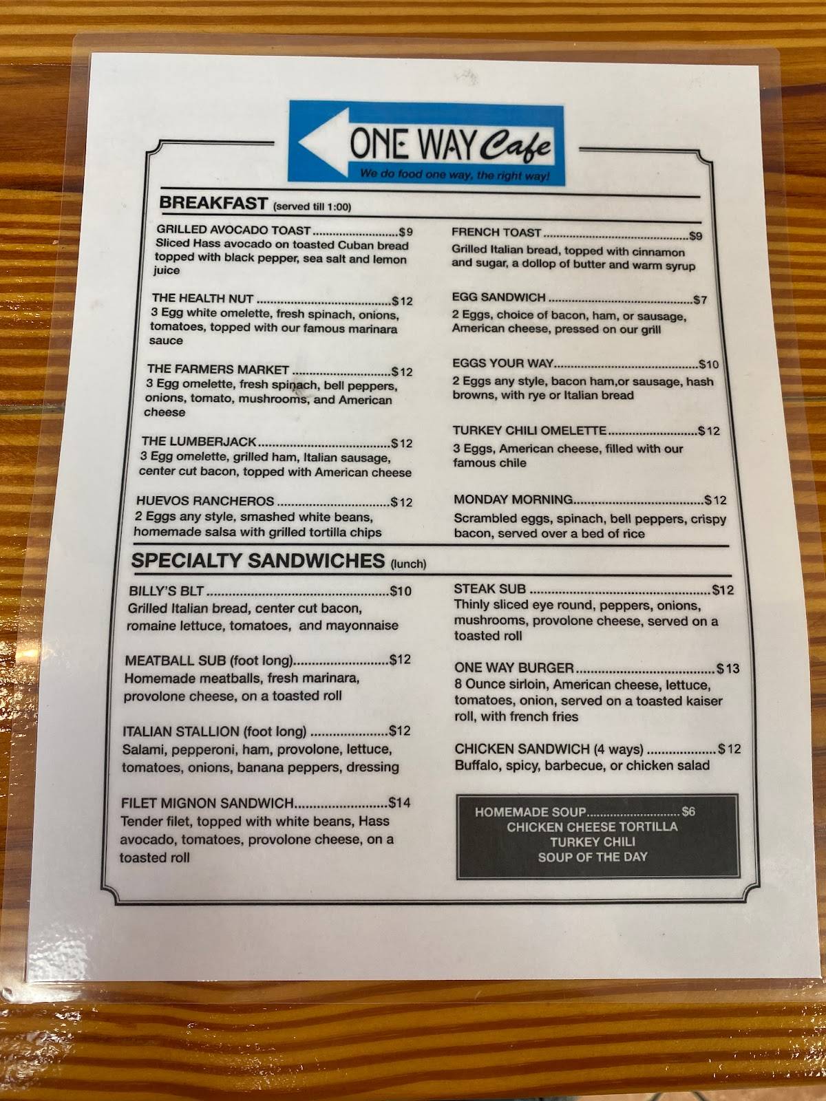 Menu at One Way Café (Crazy Cuban) restaurant, North Palm Beach, US-1