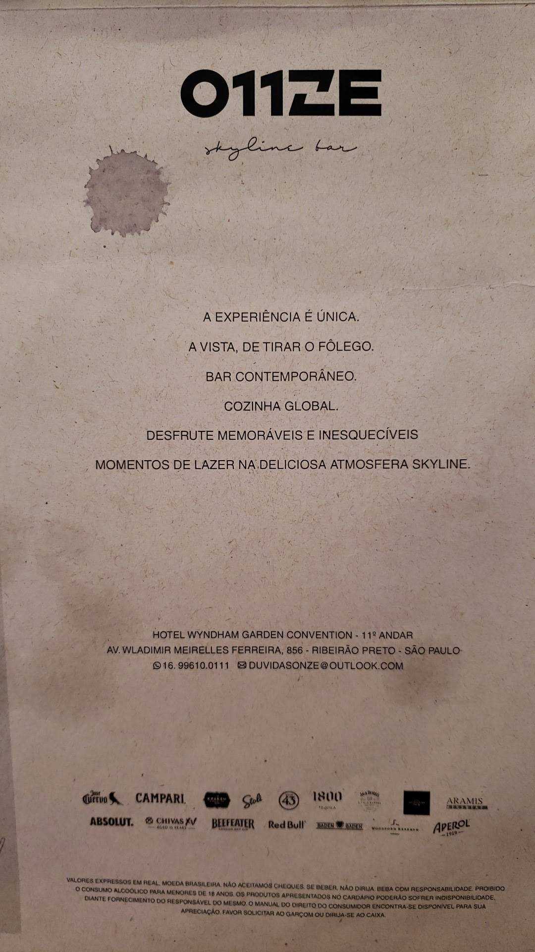 Menu em Onze Skyline Bar, Ribeirão Preto
