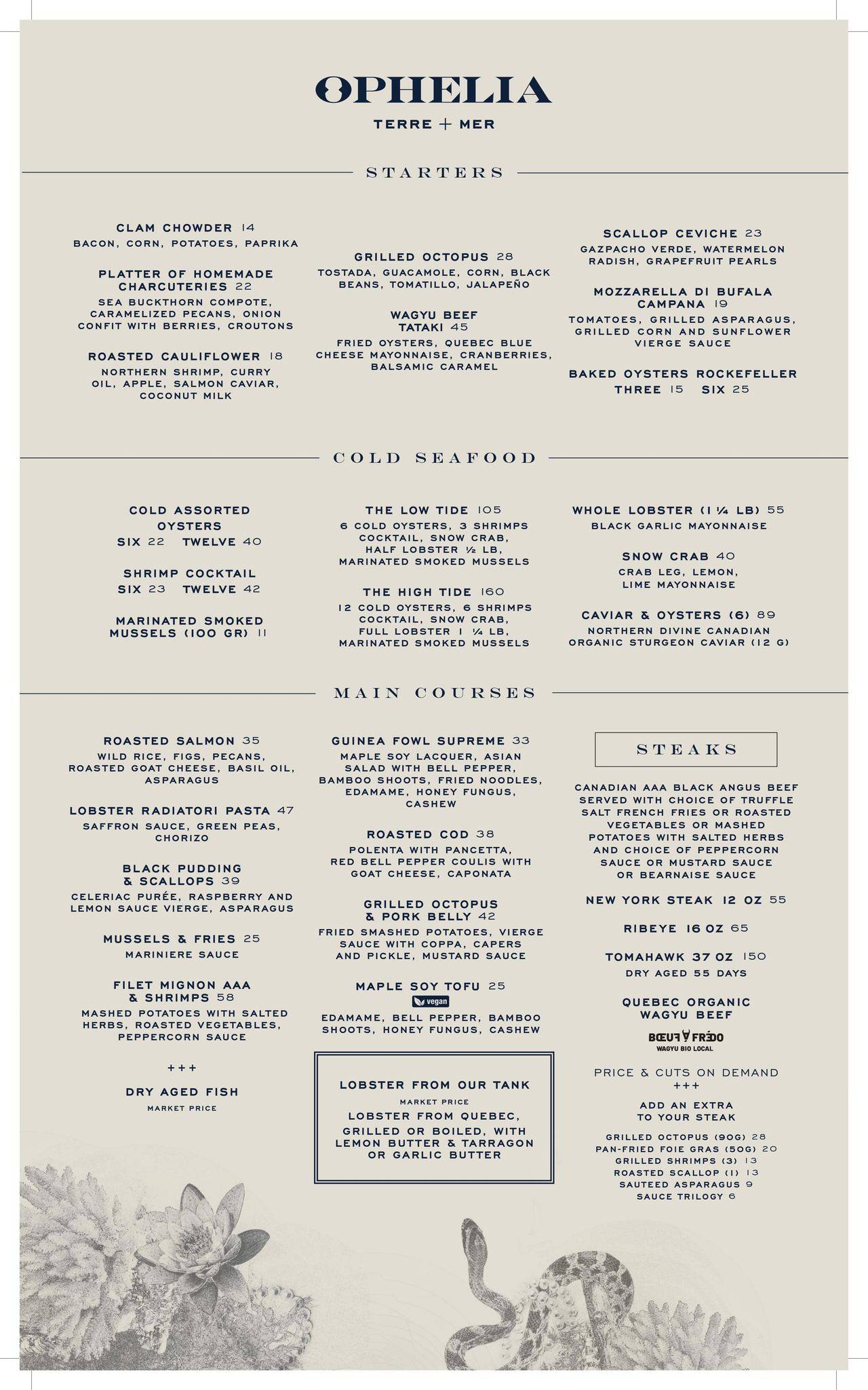 Menu au Restaurant Ophelia, Québec