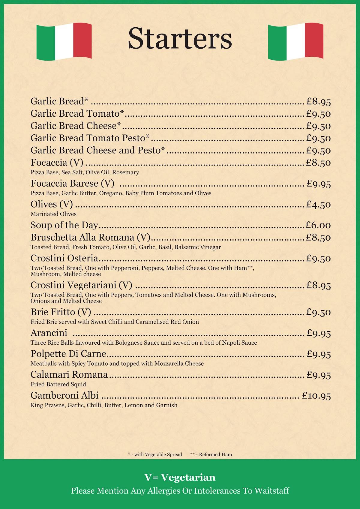 Menu at Osteria Italian Restaurant, Hull