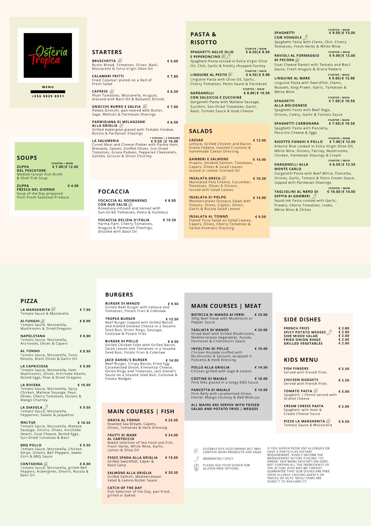 Menu at Osteria Tropea restaurant, Mellieha, Hotel & Spa