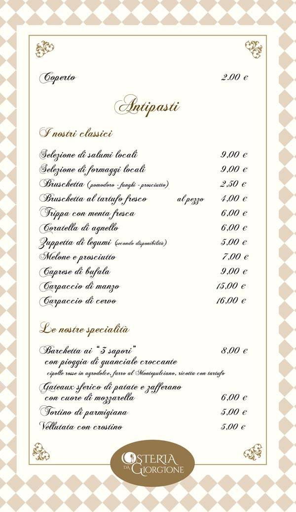 Menu da Osteria da Giorgione ristorante, L'Aquila