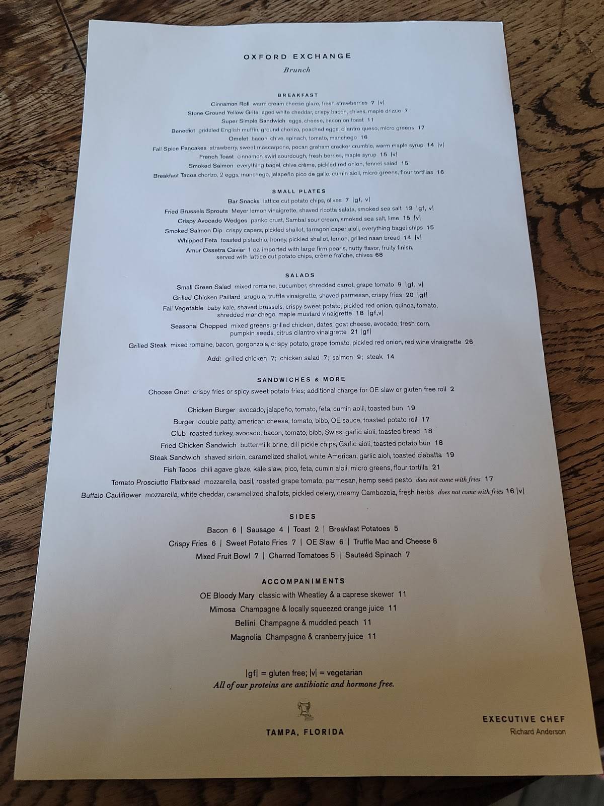 Menu at Oxford Exchange restaurant, Tampa