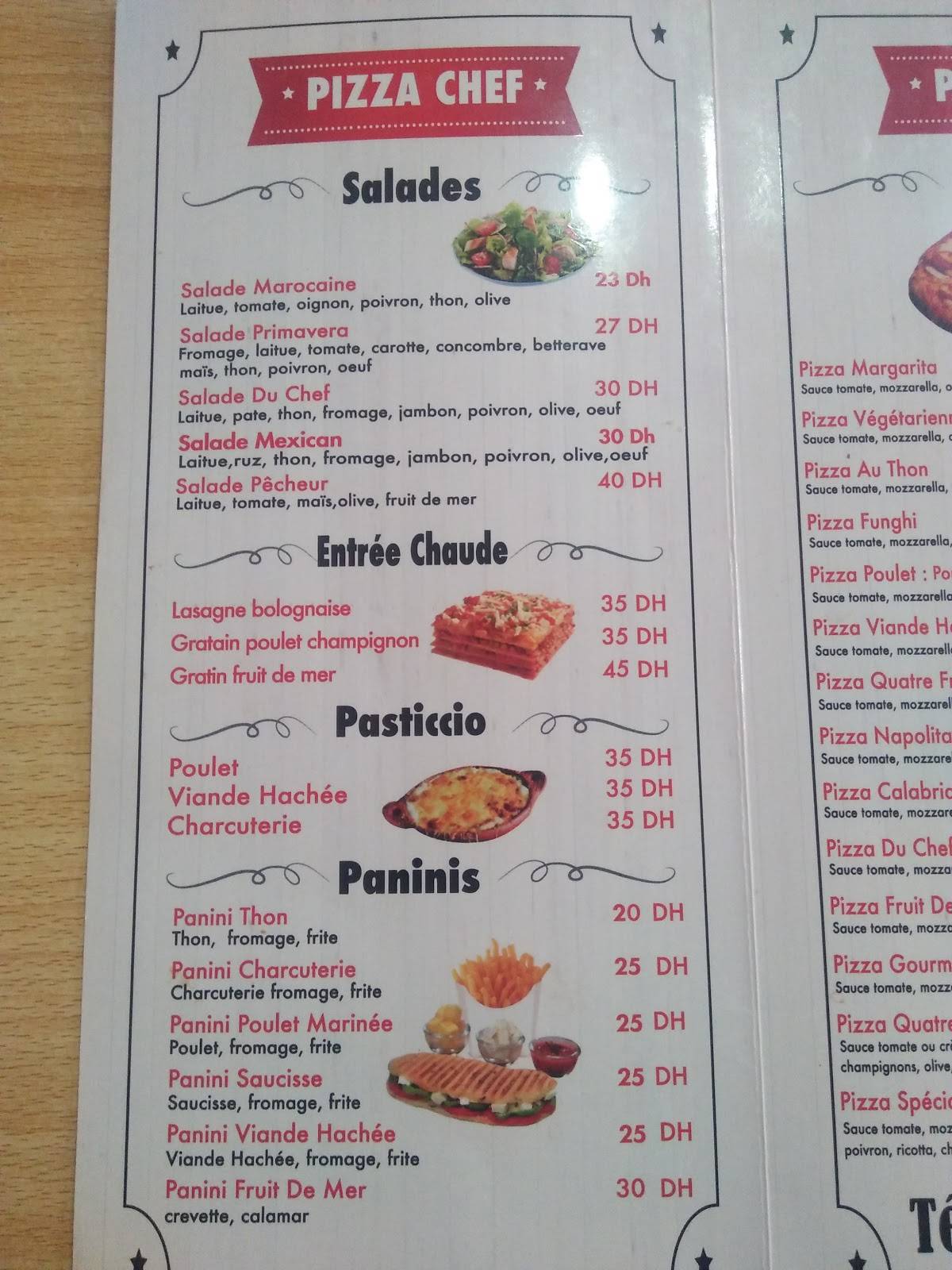 Menu au PIZZA CHEF restaurant, Casablanca