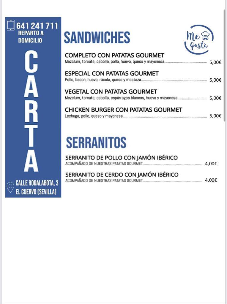 Carta de PIZZERIA ME GUSTA, El Cuervo de Sevilla