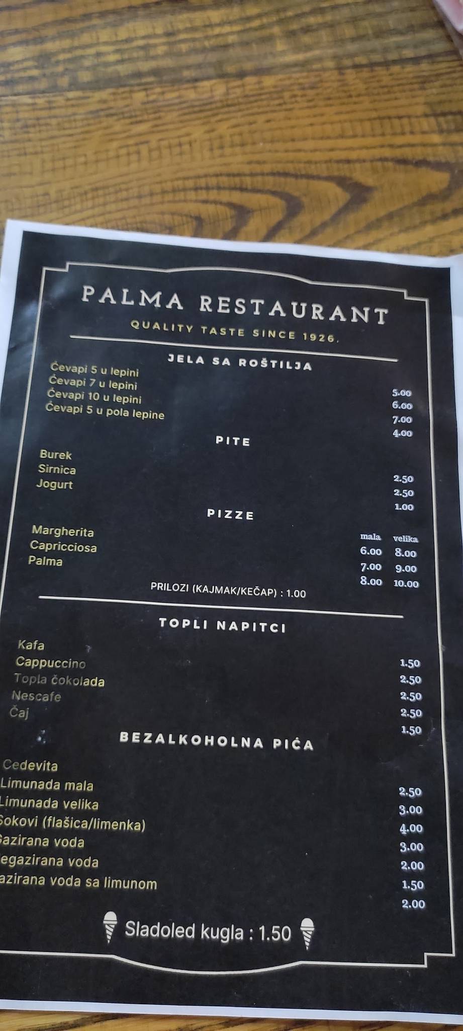 Menu au Palma 2 restaurant, District de Brčko