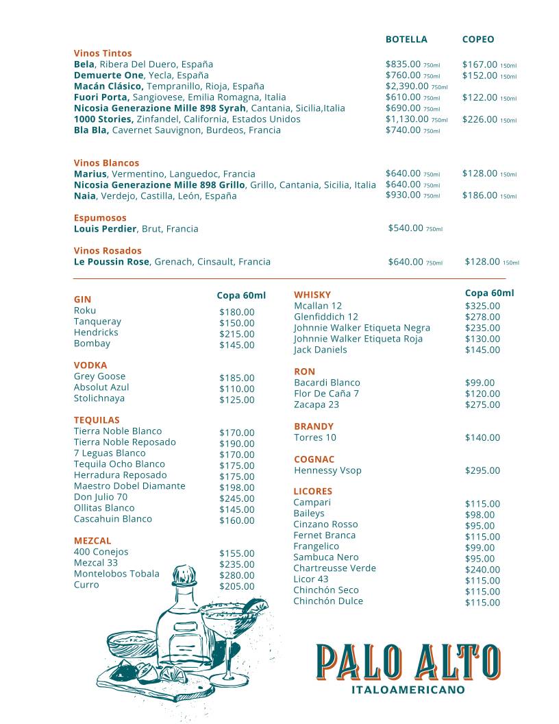 Carta de Palo Alto Restaurante Gdl, Guadalajara