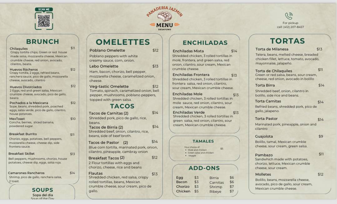 Menu at Panaderia Jazmin, Pittsburgh