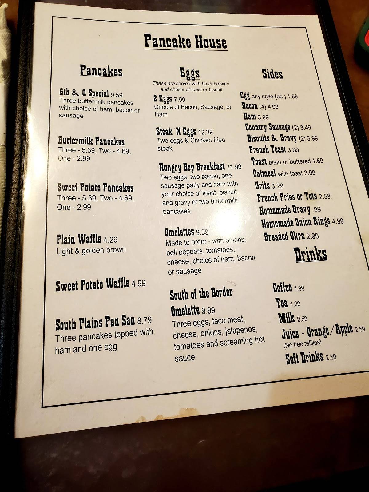 Menu at Pancake House restaurant, Lubbock