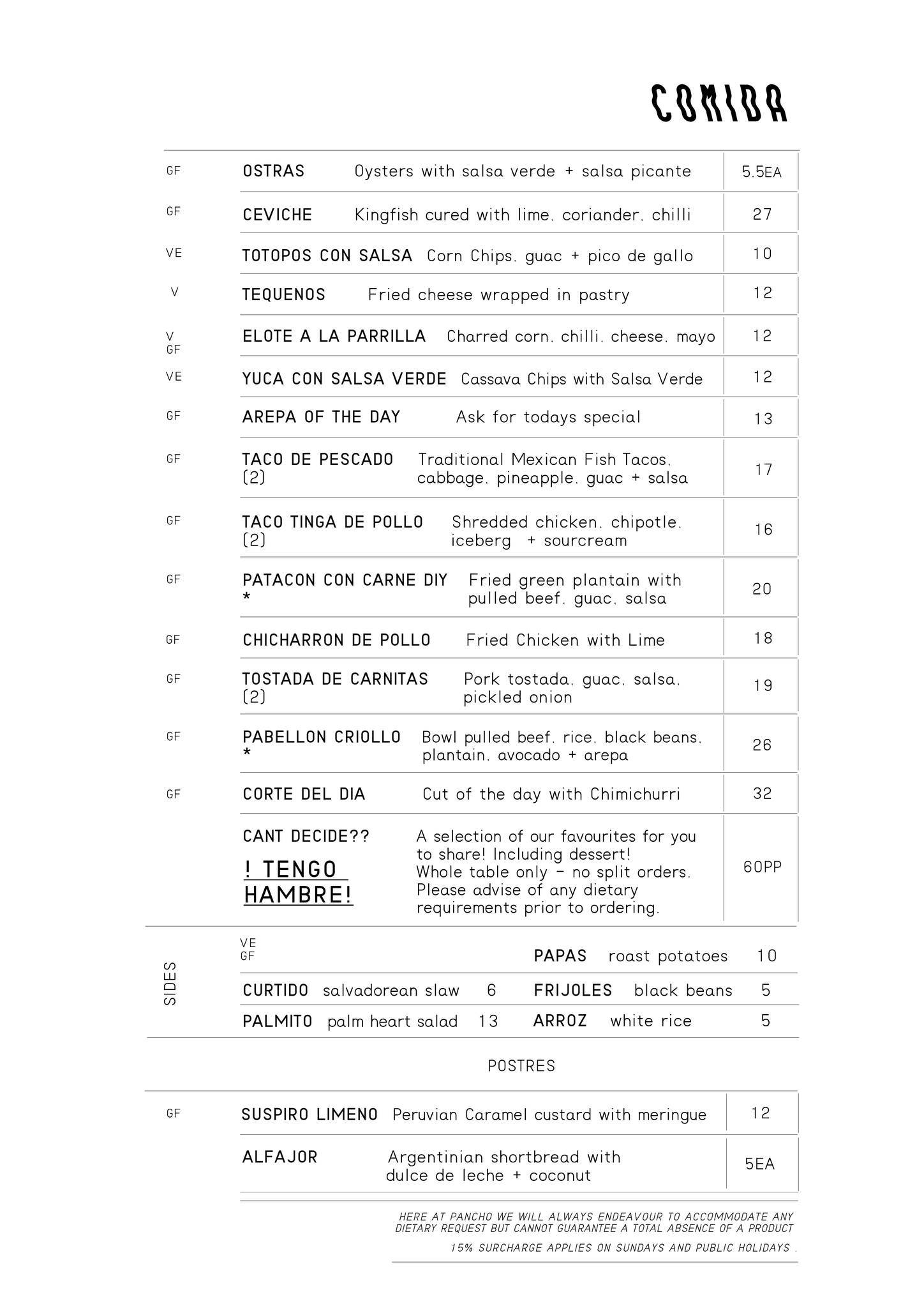 Menu at Pancho restaurant, Ballarat Central