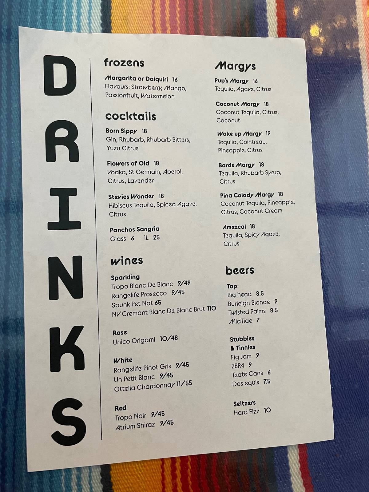 Menu at Hotel Panchos restaurant, Mudgeeraba