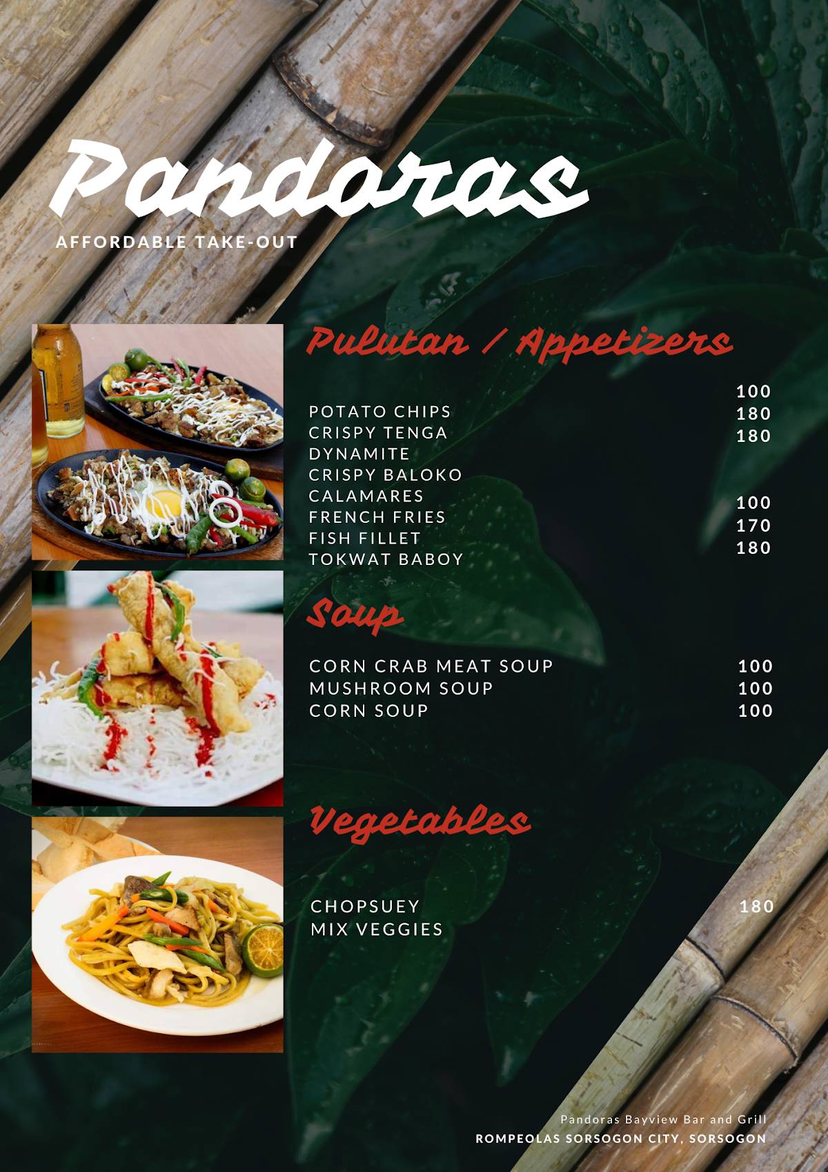Menu at Pandora's Bayview bar and Grill, Sorsogon City