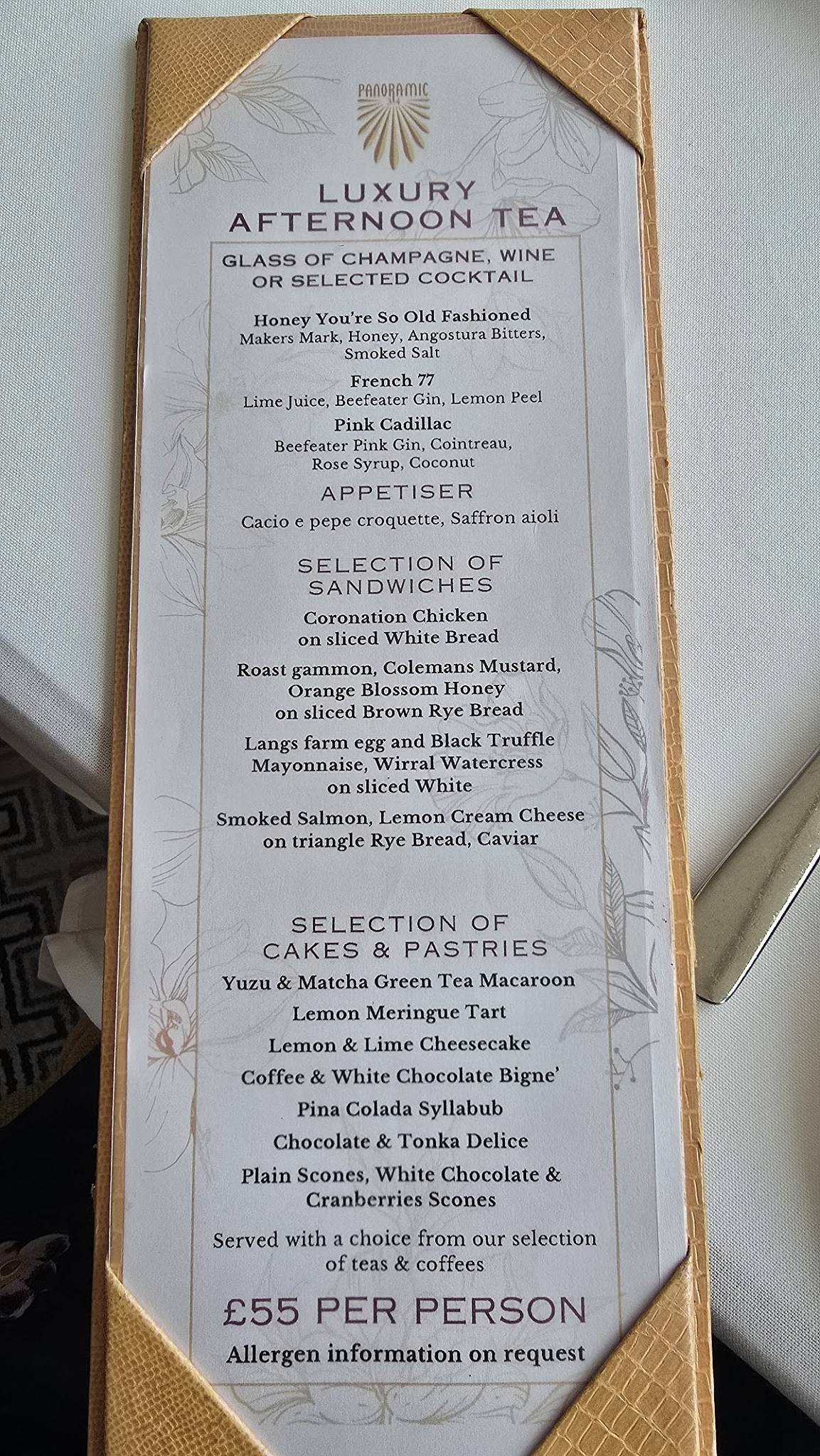 Menu at Panoramic 34 restaurant, Liverpool