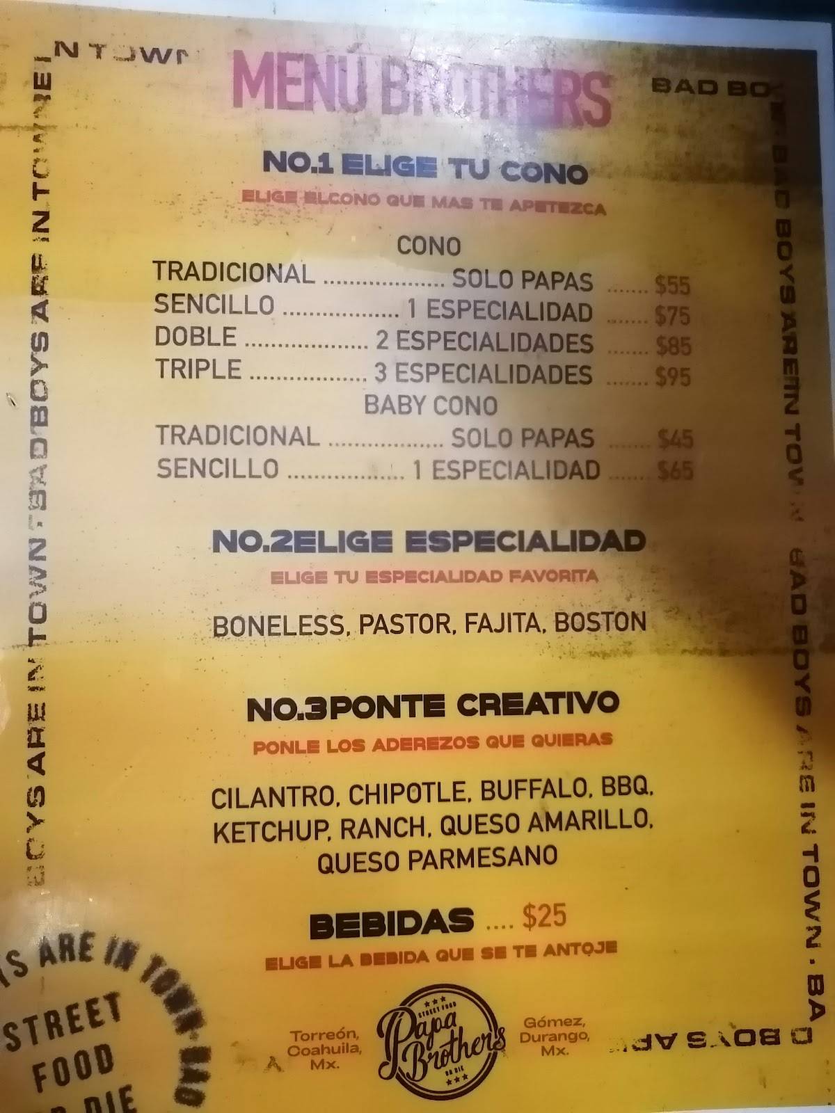 Carta del restaurante Papa Brothers GPD, Gómez Palacio