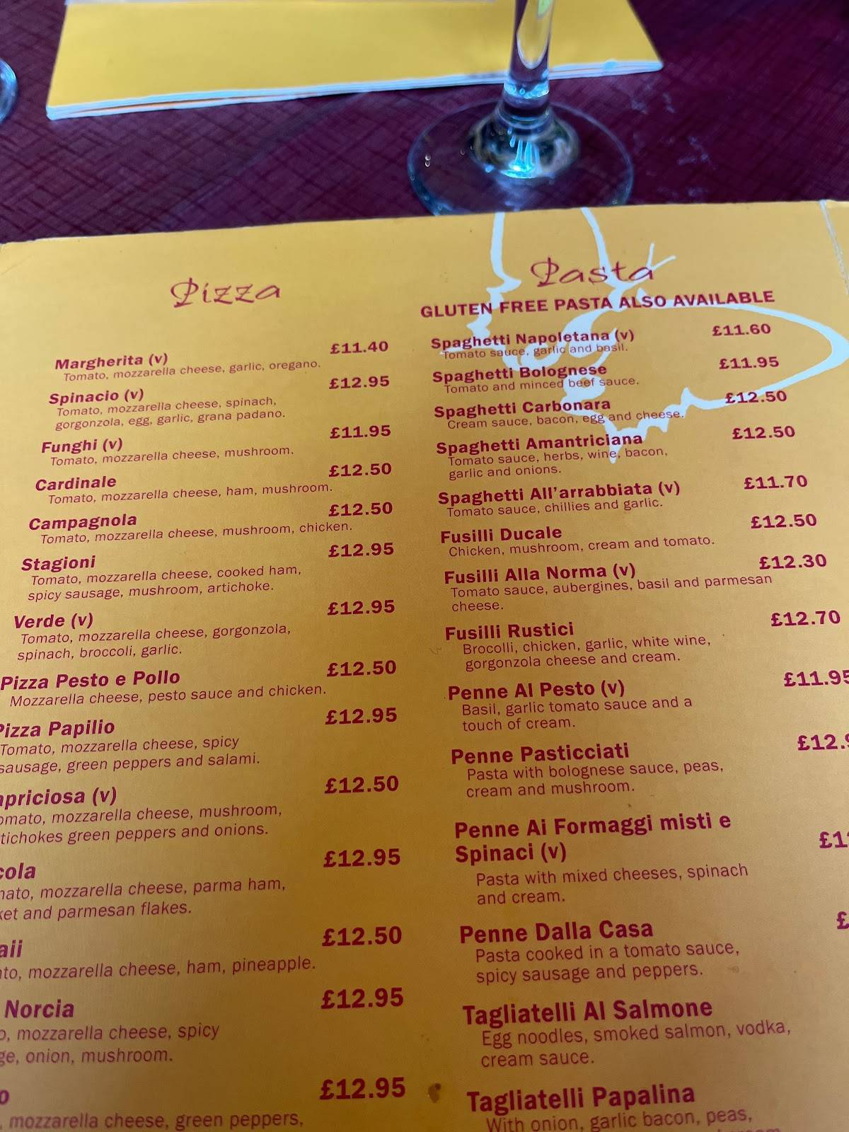 Menu at Papilio restaurant, Edinburgh