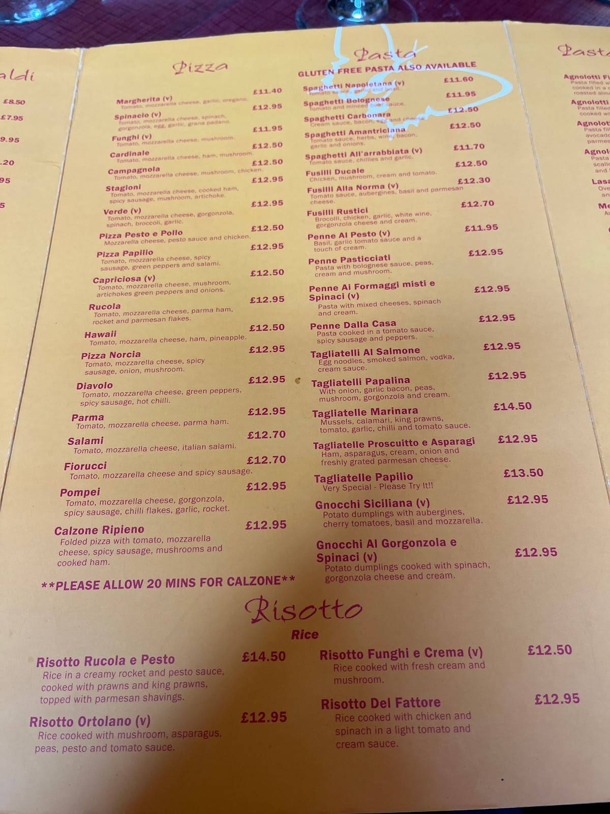 Menu at Papilio restaurant, Edinburgh