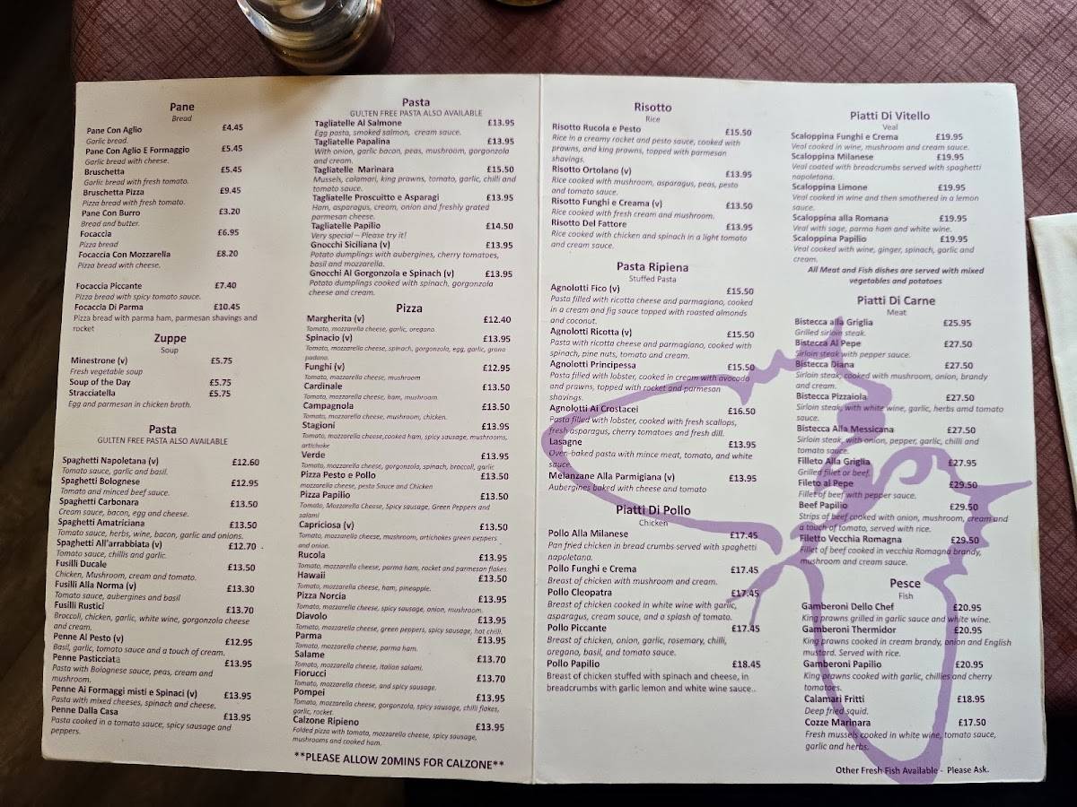 Menu at Papilio restaurant, Edinburgh