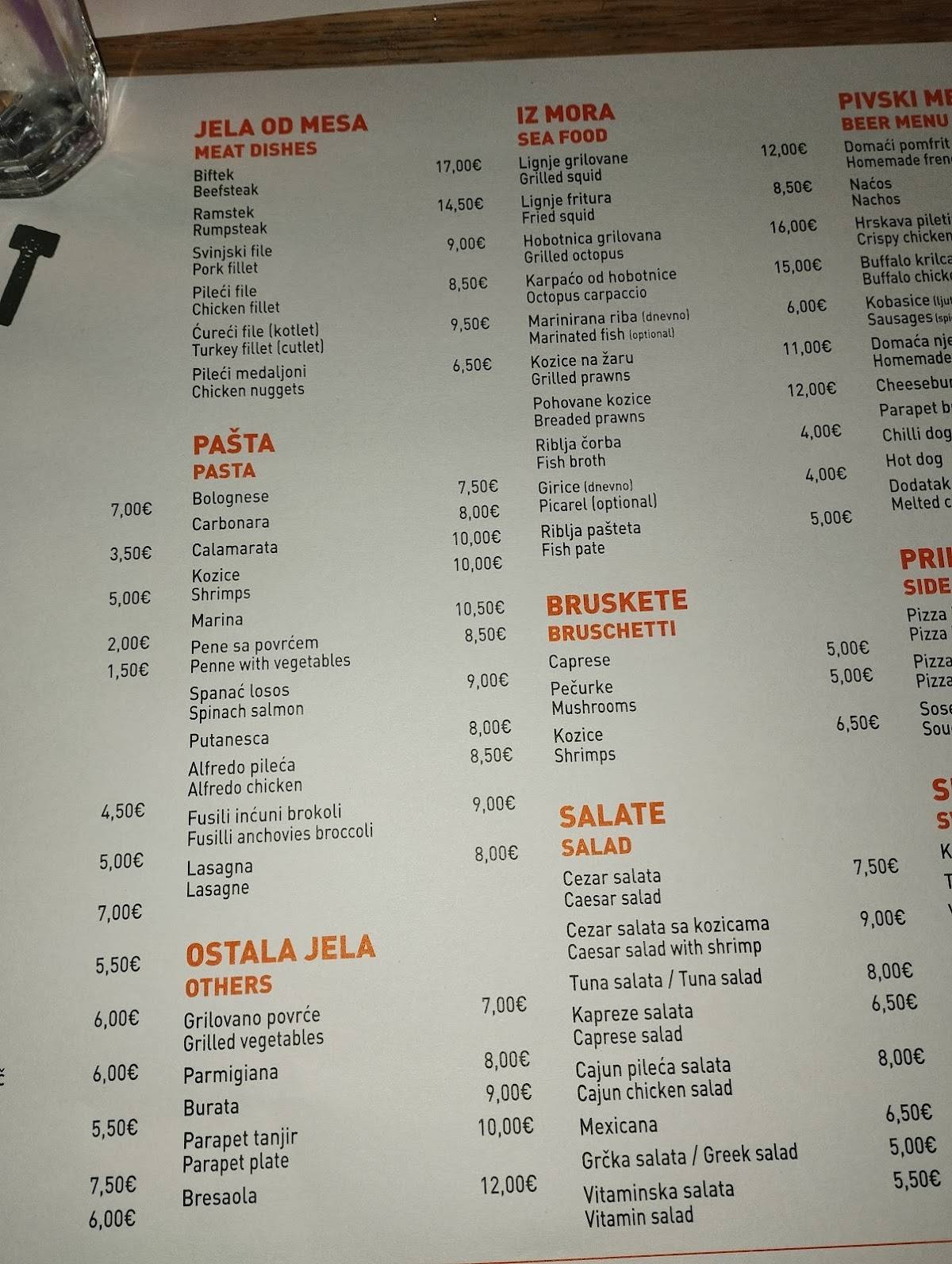 Menu at Parapet Pizza & Grill restaurant, Bar