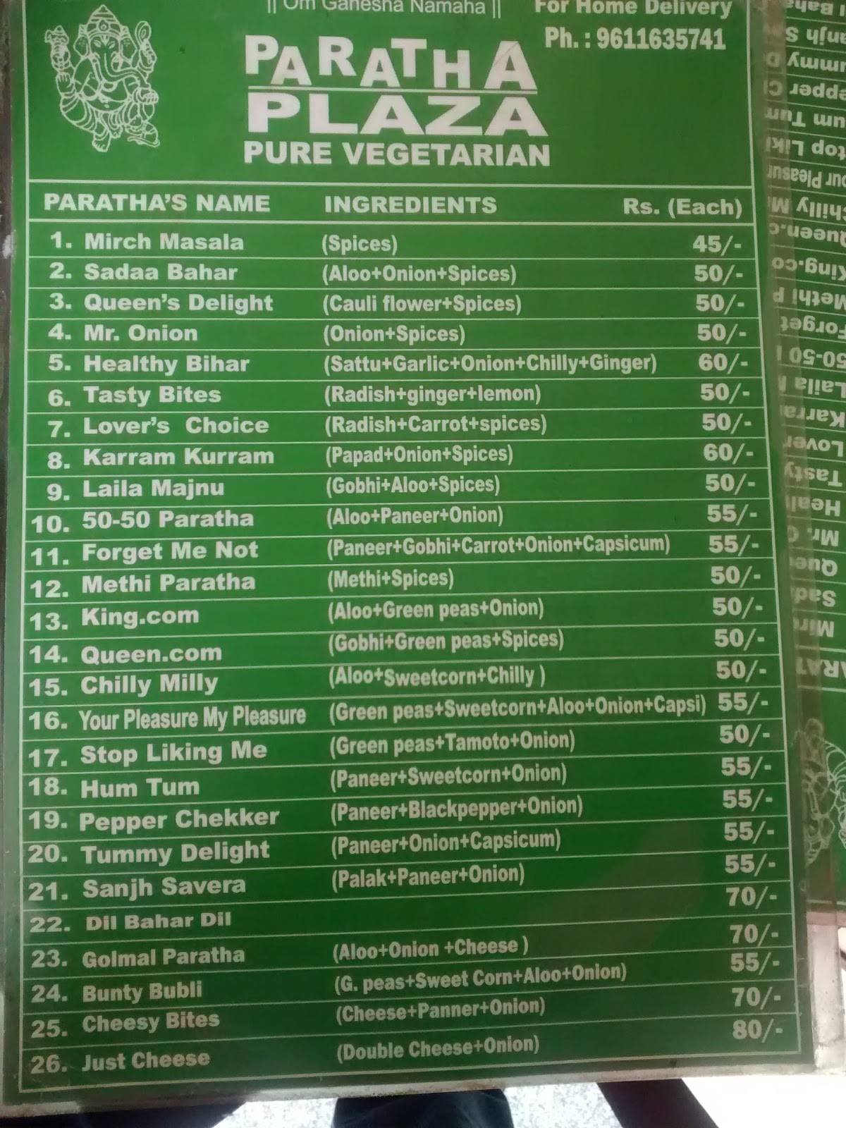 Menu at Paratha Plaza, Bengaluru, WJ5W+GPF
