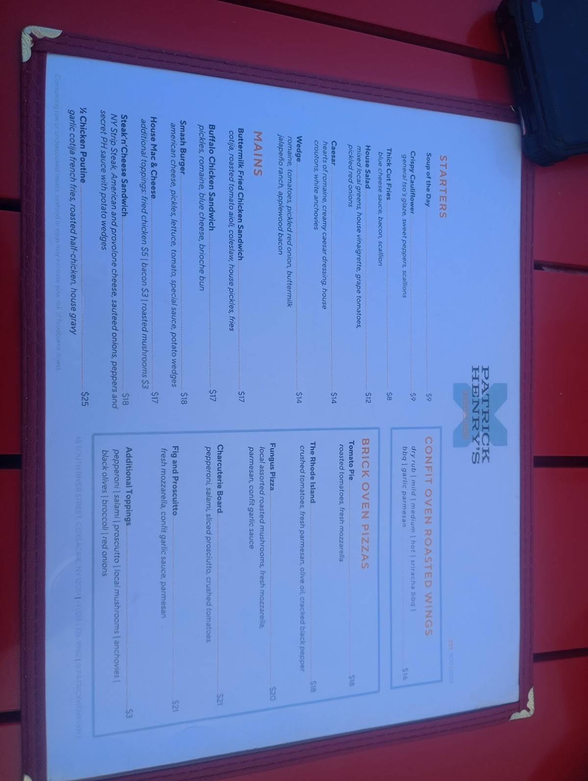 Menu at Patrick Henry's Waterfront Tavern restaurant, Coxsackie