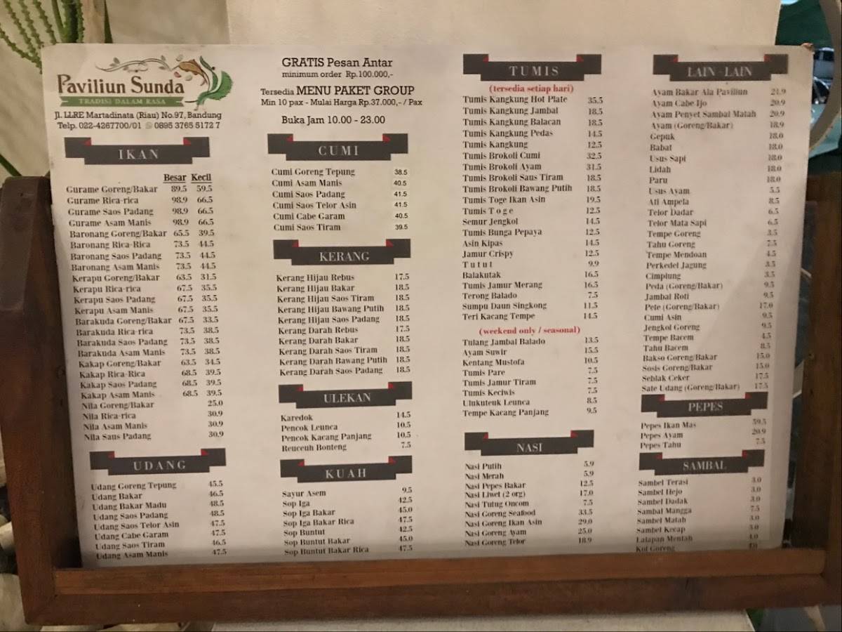 Menu at Paviliun Sunda restaurant, Bandung