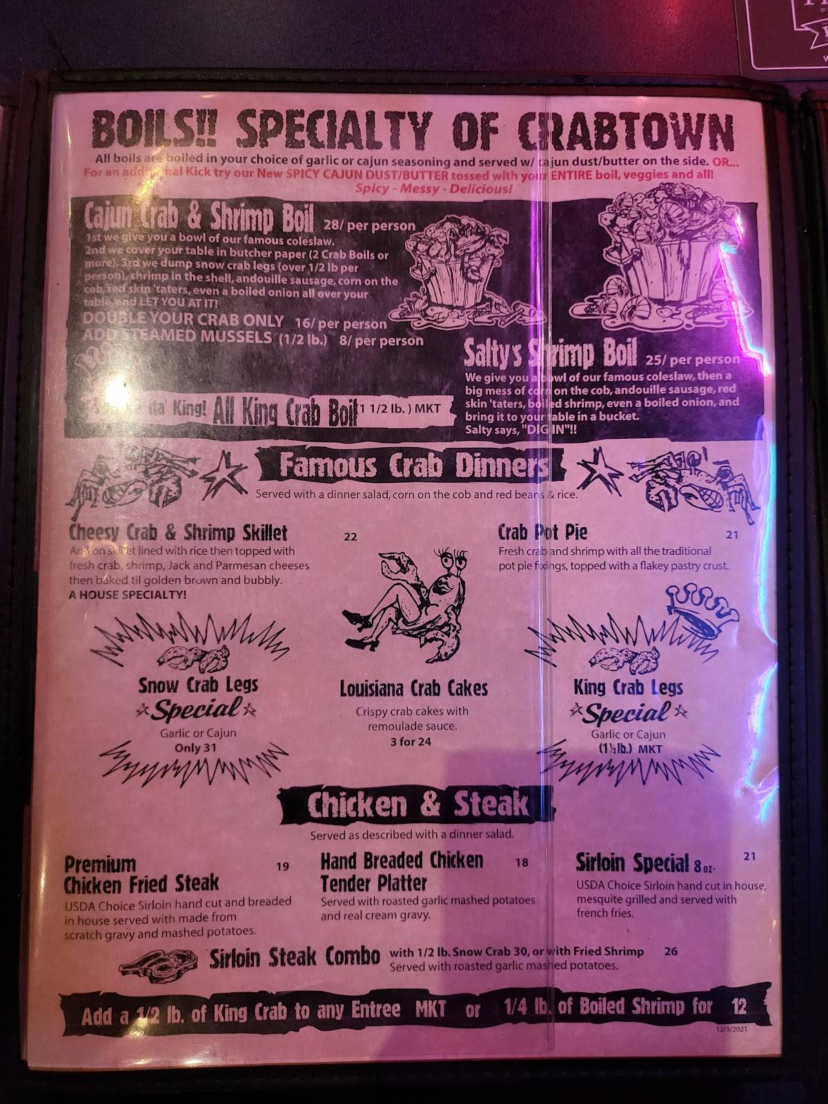 Menu at Pearl's Crabtown restaurant, Oklahoma City