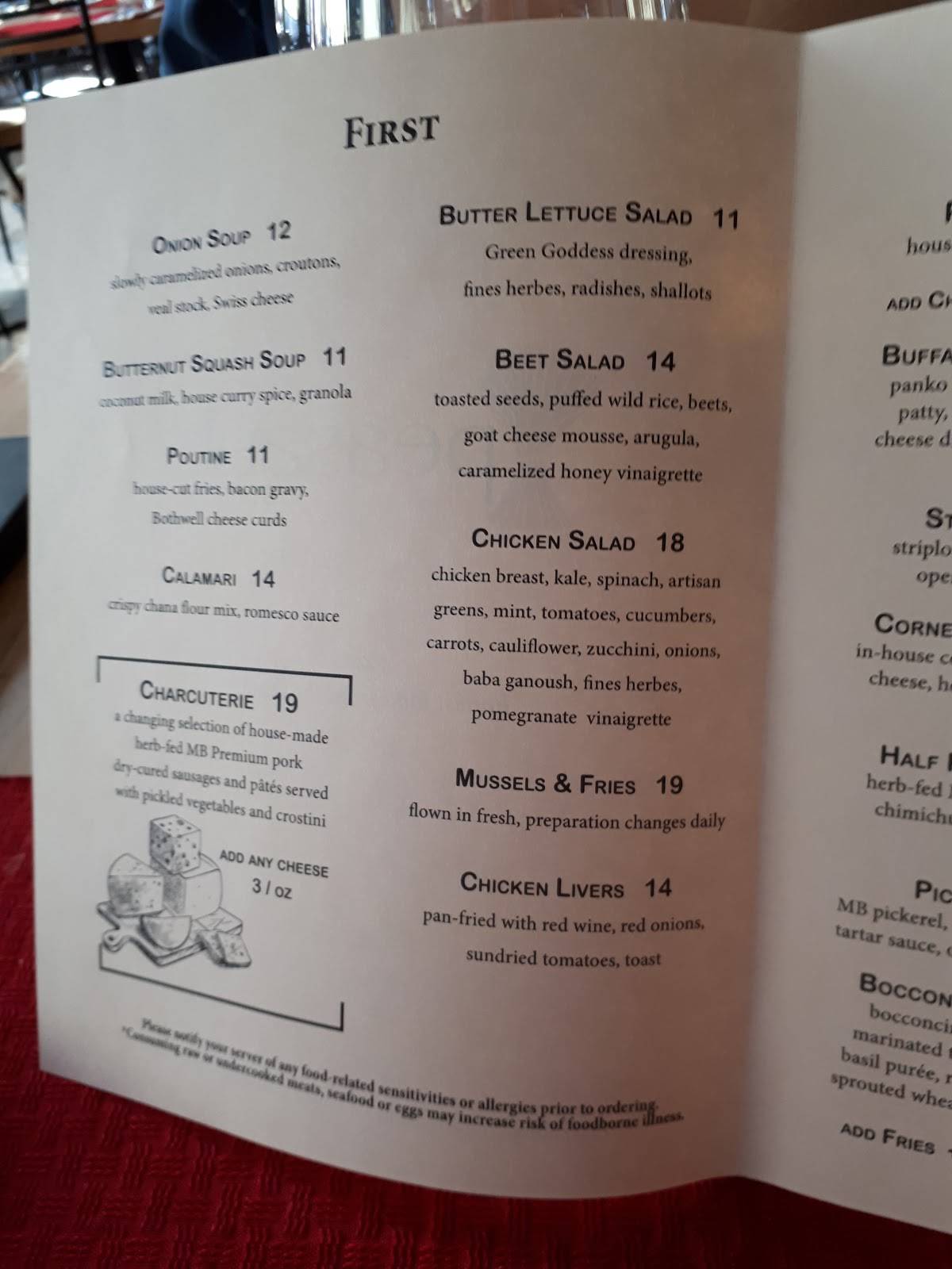 Menu at Peasant Cookery restaurant, Winnipeg