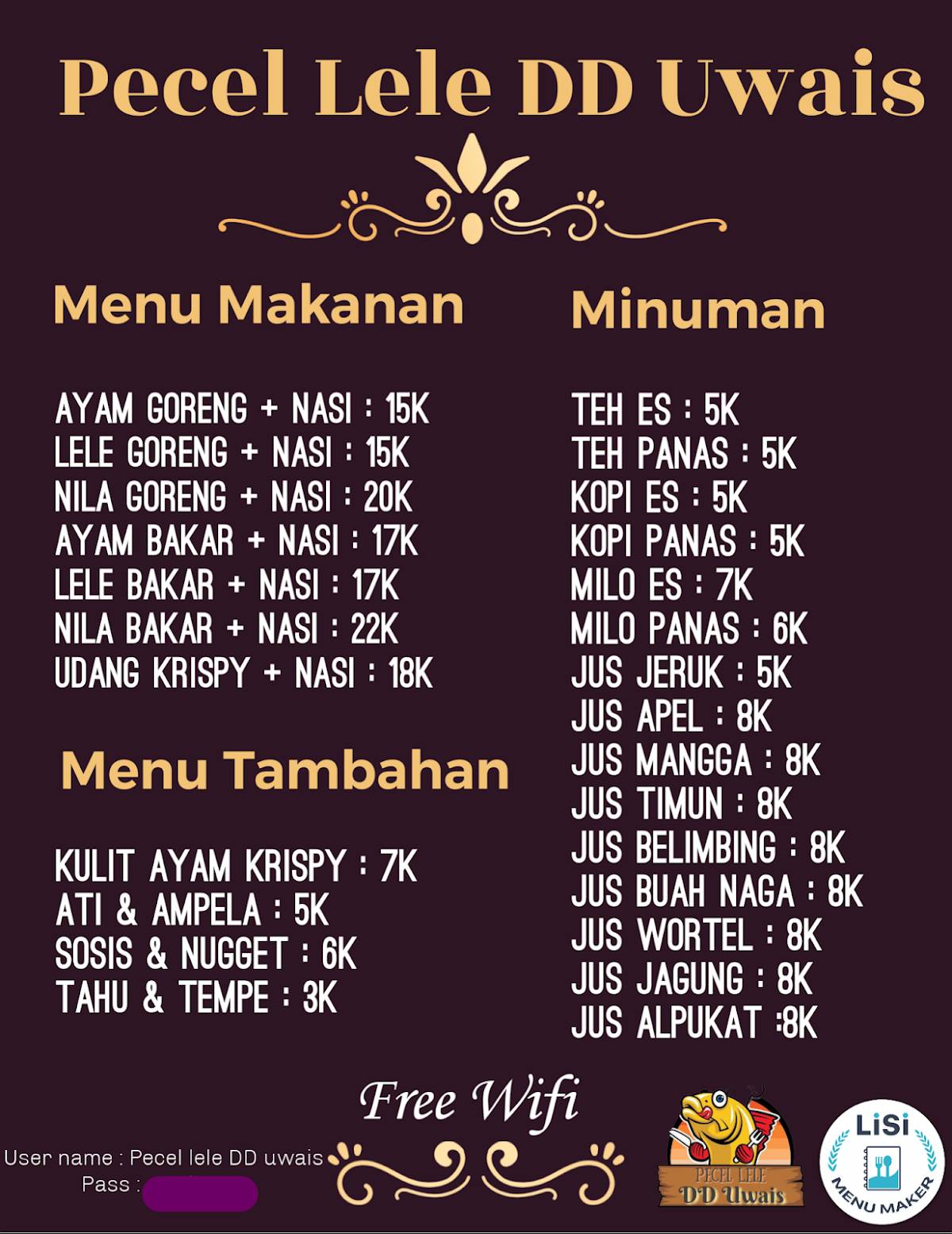 Menu at Pecel lele DD. Uwais restaurant, Sungai Selari