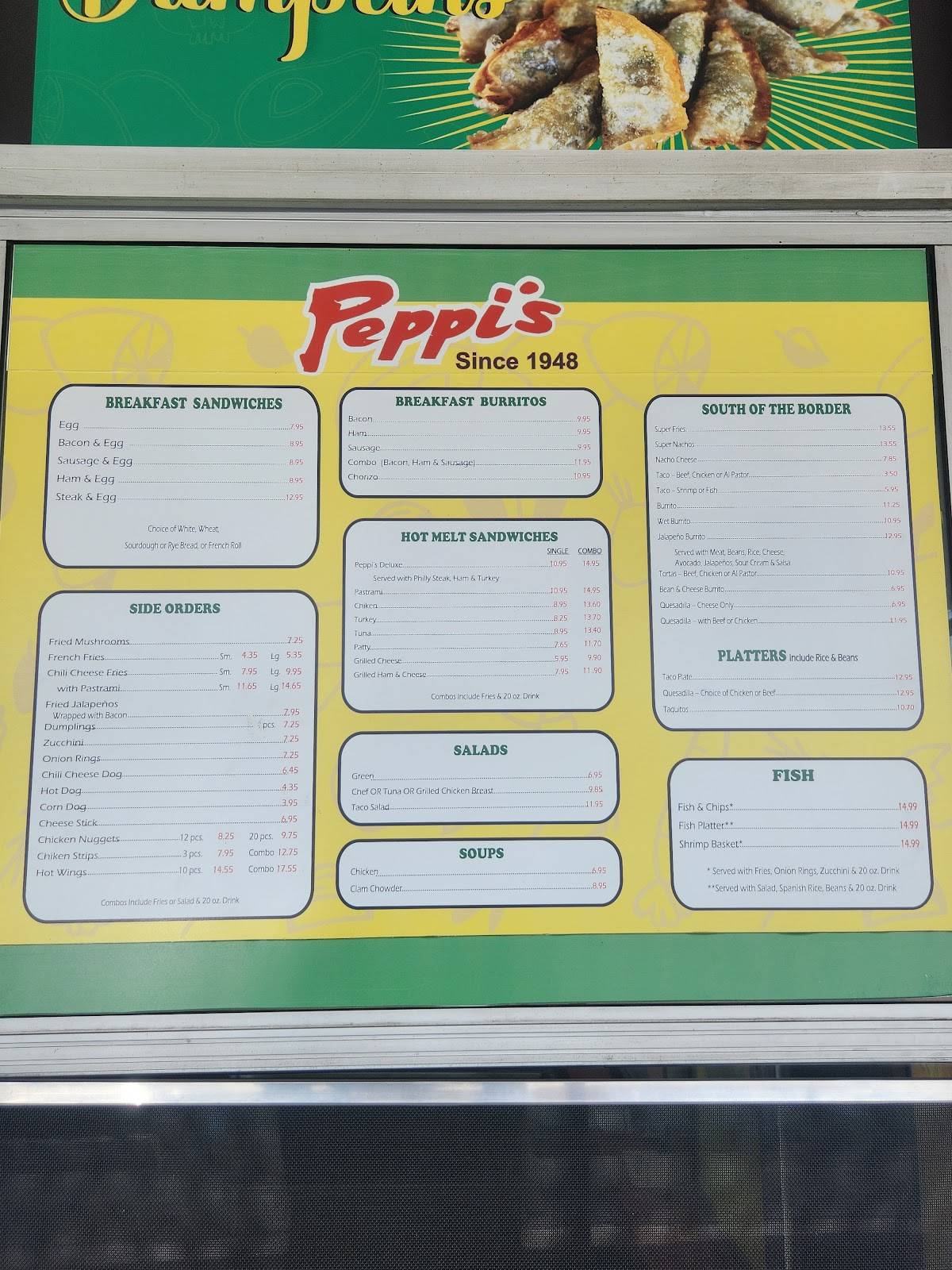Menu at Peppi's restaurant, Fontana