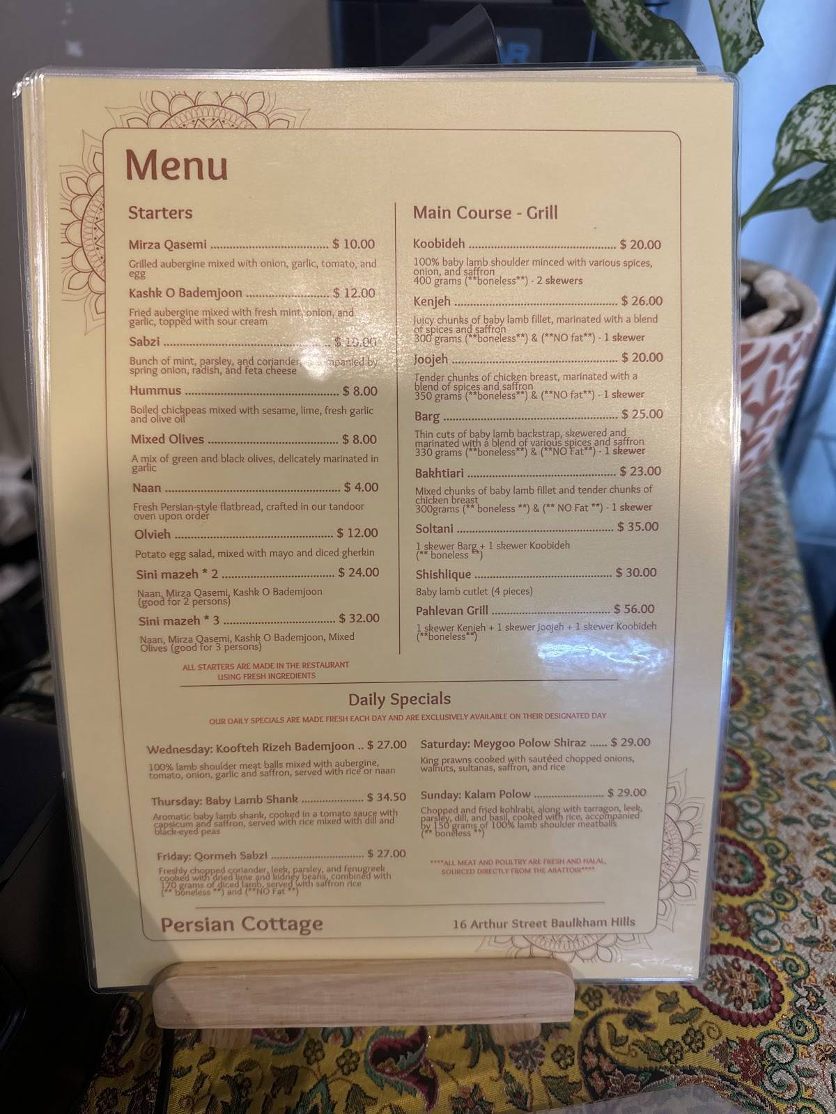 Menu at Persian Cottage restaurant, Baulkham Hills