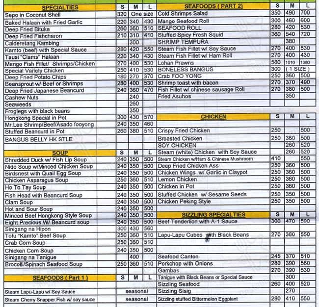 Menu at Peter Lee's Hong Kong Tea House restaurant, Manila